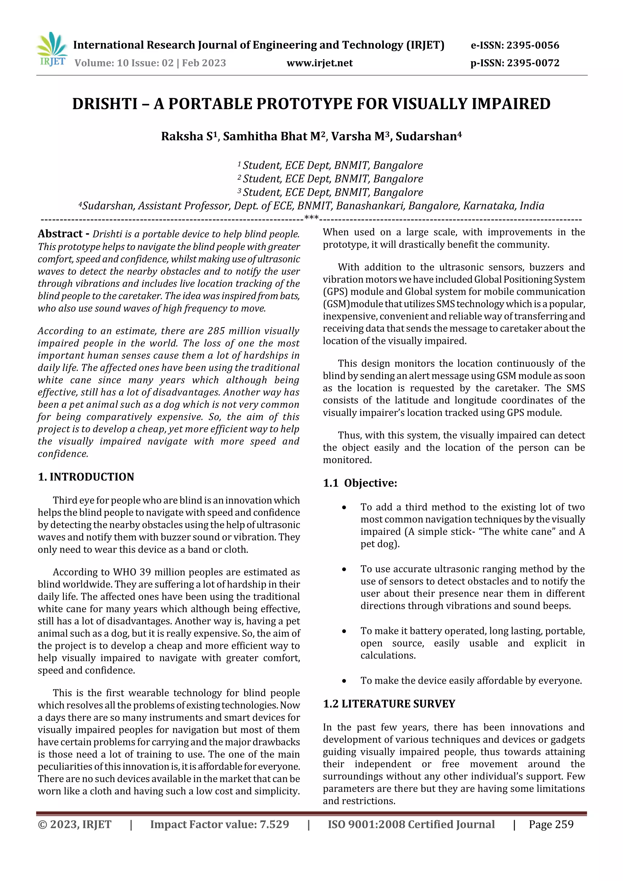 DRISHTI – A PORTABLE PROTOTYPE FOR VISUALLY IMPAIRED | PDF