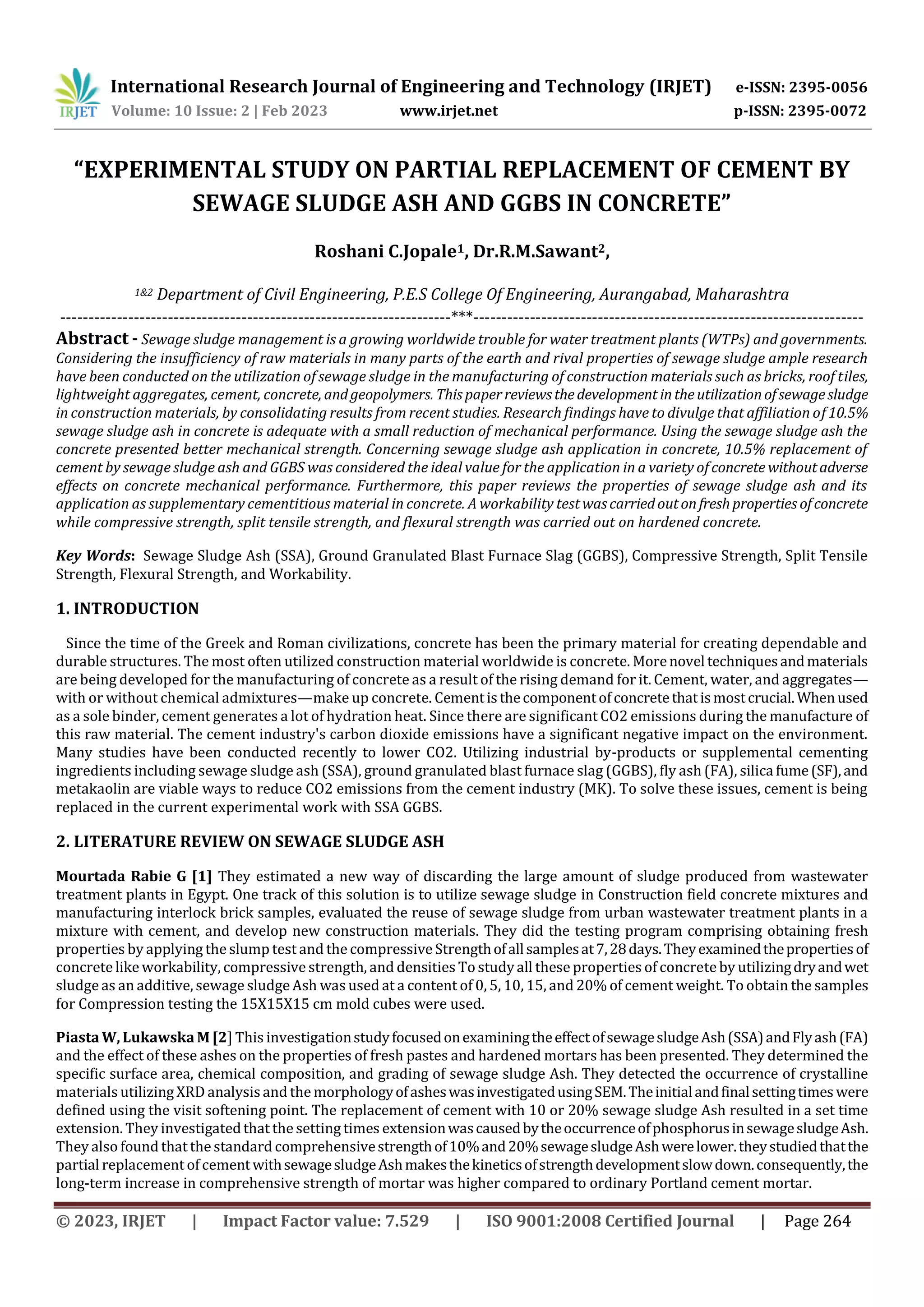 “EXPERIMENTAL STUDY ON PARTIAL REPLACEMENT OF CEMENT BY SEWAGE SLUDGE ...