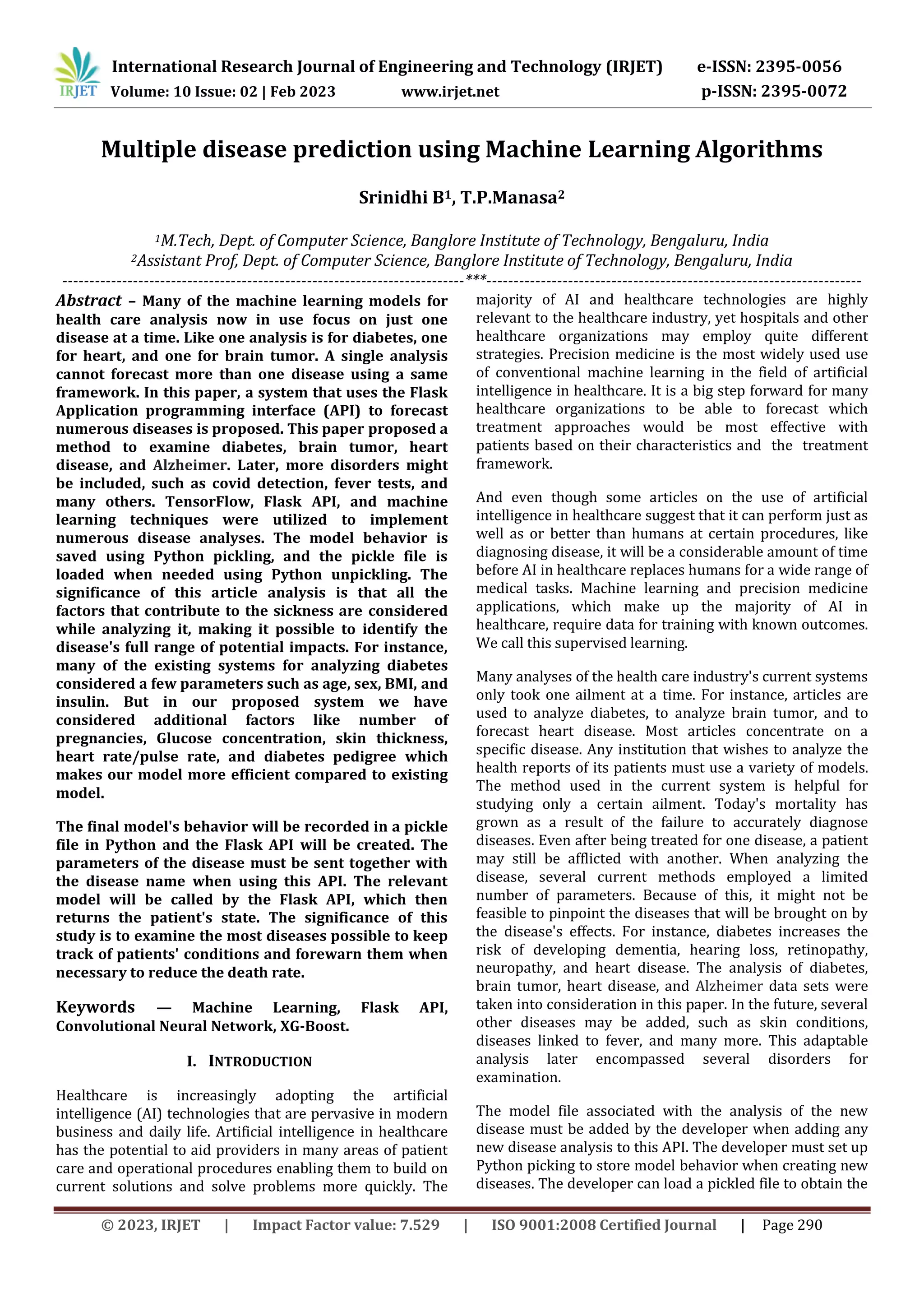 Multiple disease prediction using Machine Learning Algorithms | PDF