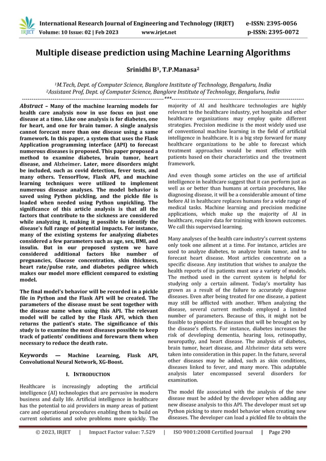 Multiple disease prediction using Machine Learning Algorithms | PDF