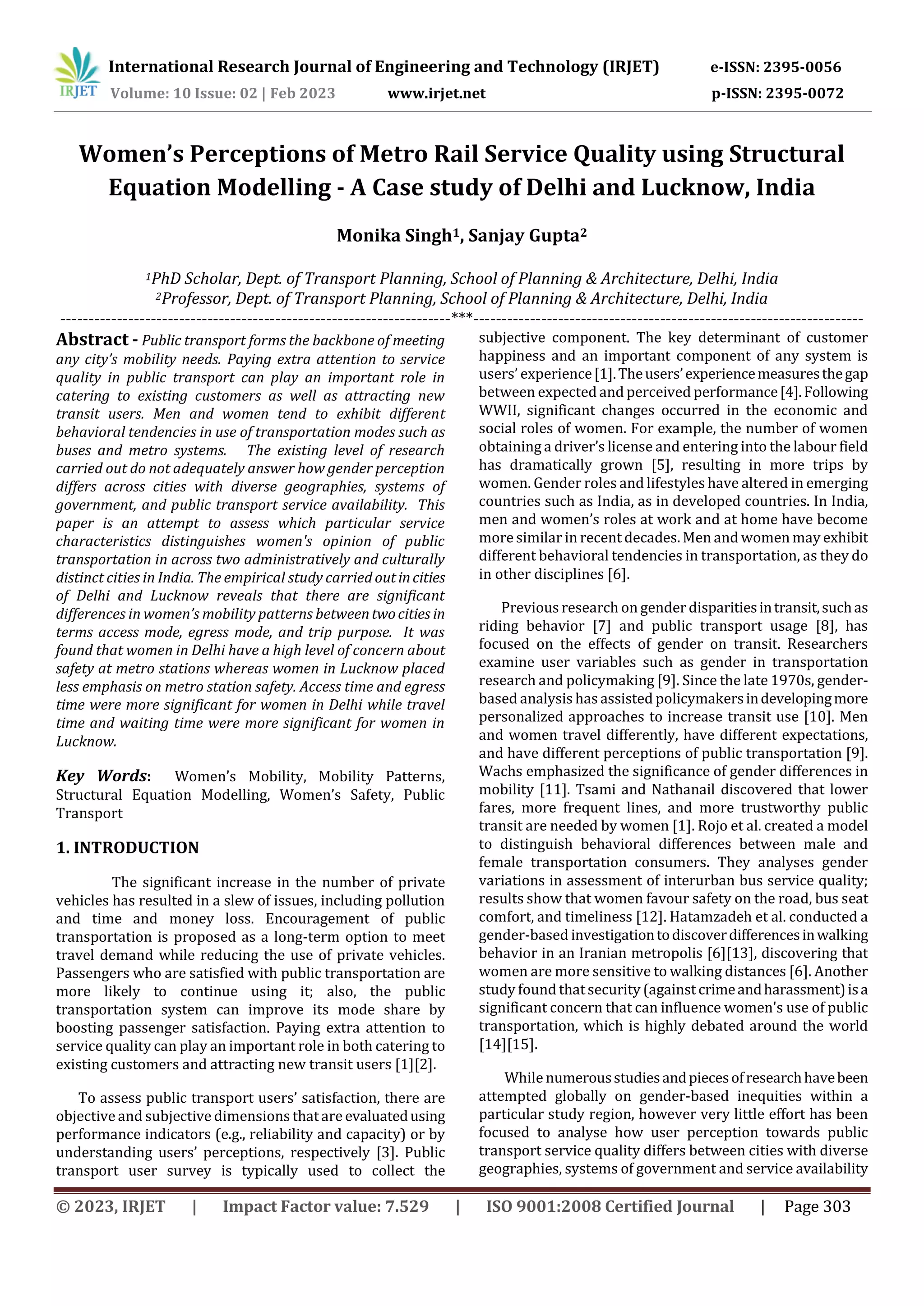 Women’s Perceptions of Metro Rail Service Quality using Structural ...