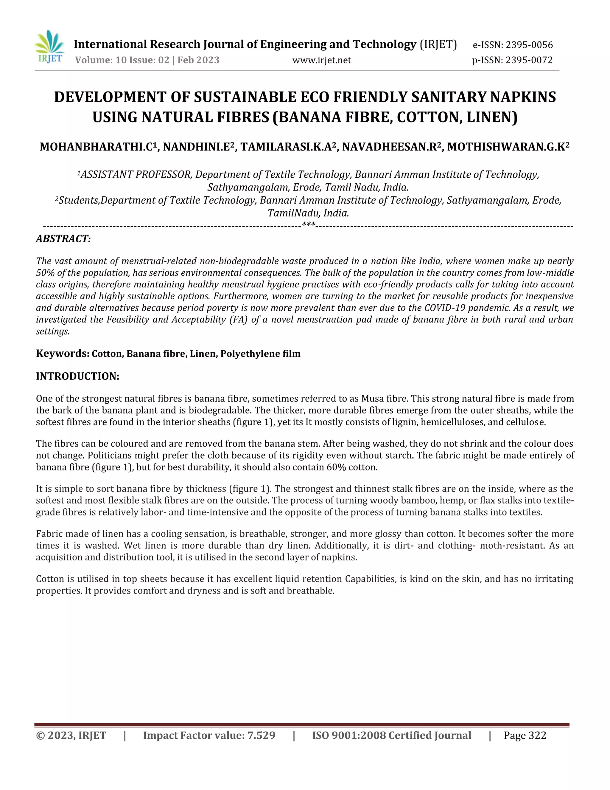 DEVELOPMENT OF SUSTAINABLE ECO FRIENDLY SANITARY NAPKINS USING NATURAL ...