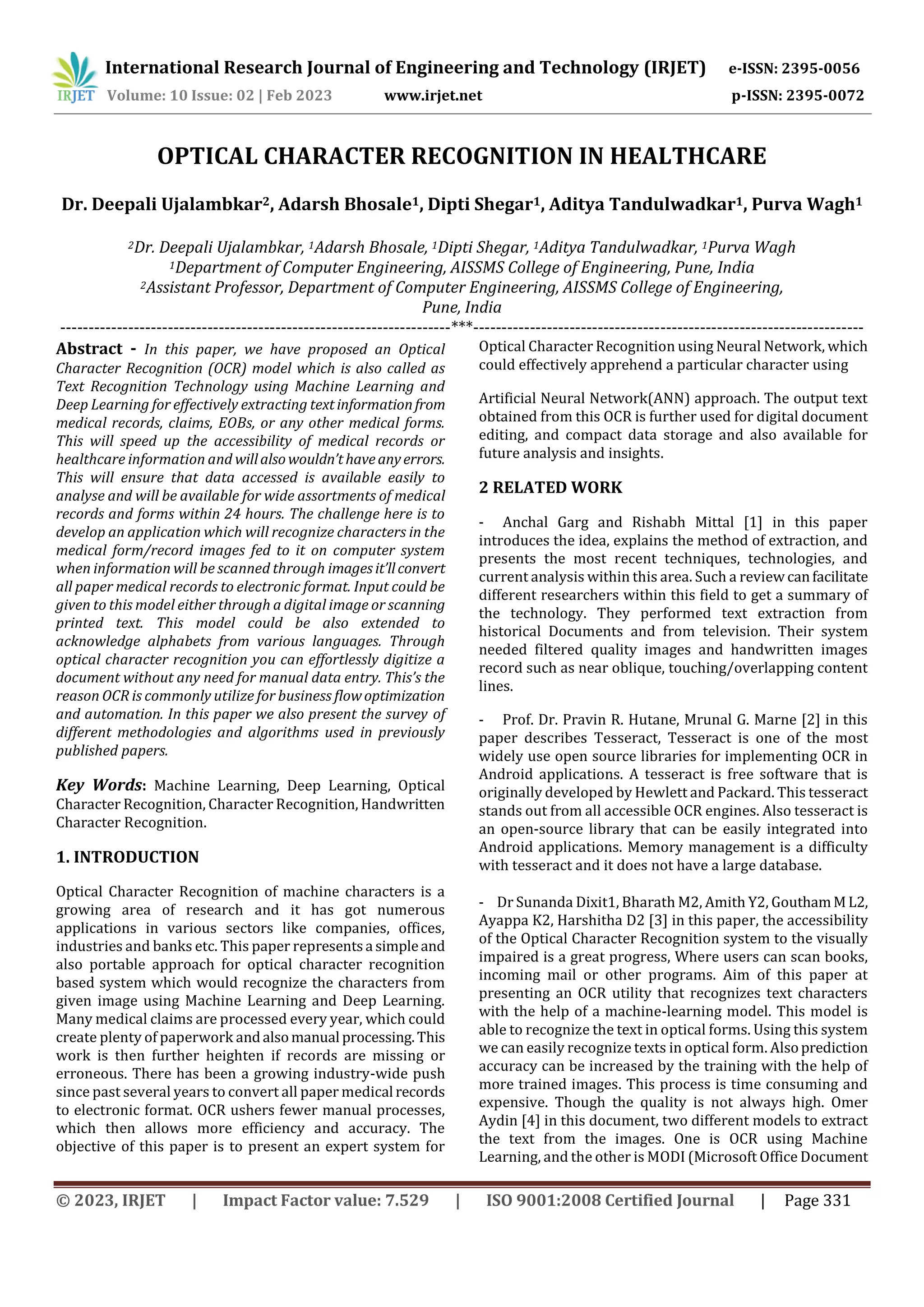 OPTICAL CHARACTER RECOGNITION IN HEALTHCARE | PDF