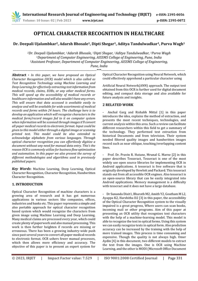OPTICAL CHARACTER RECOGNITION IN HEALTHCARE | PDF