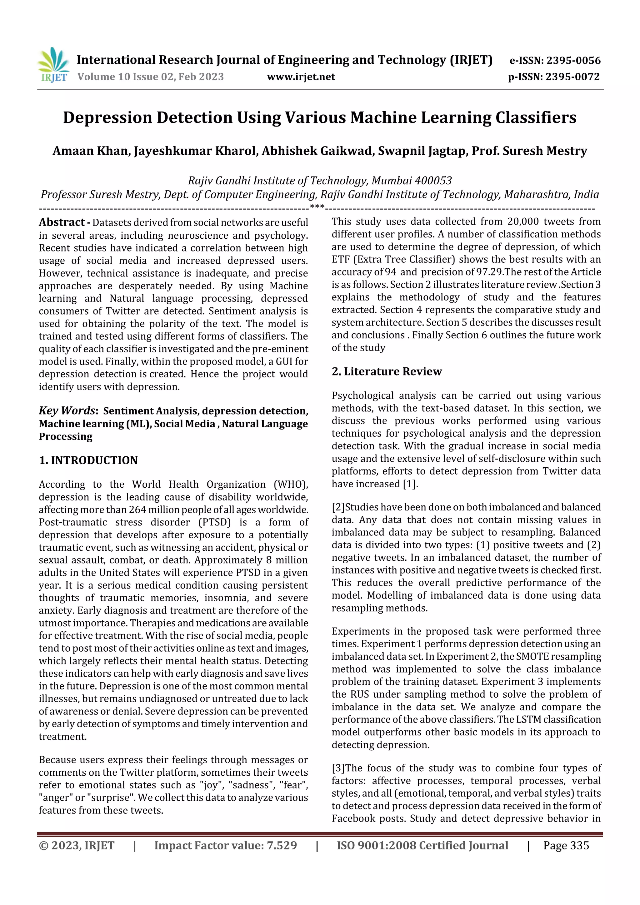 Depression Detection Using Various Machine Learning Classifiers | PDF
