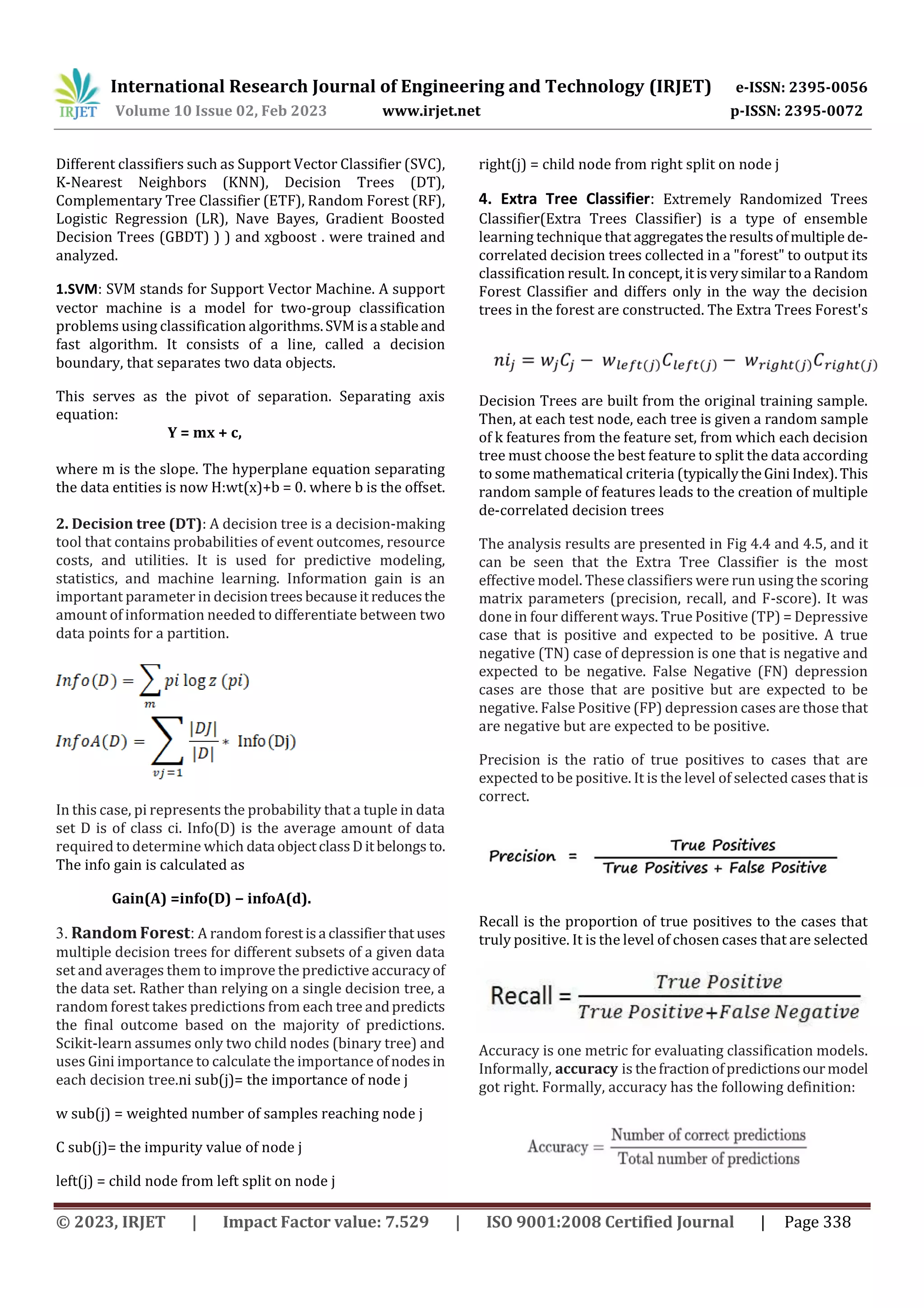 Depression Detection Using Various Machine Learning Classifiers | PDF