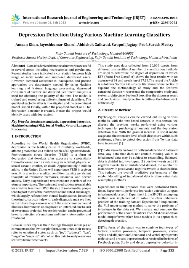 Depression Detection Using Various Machine Learning Classifiers | PDF