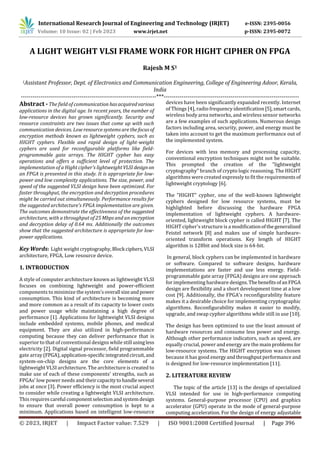 A LIGHT WEIGHT VLSI FRAME WORK FOR HIGHT CIPHER ON FPGA | PDF