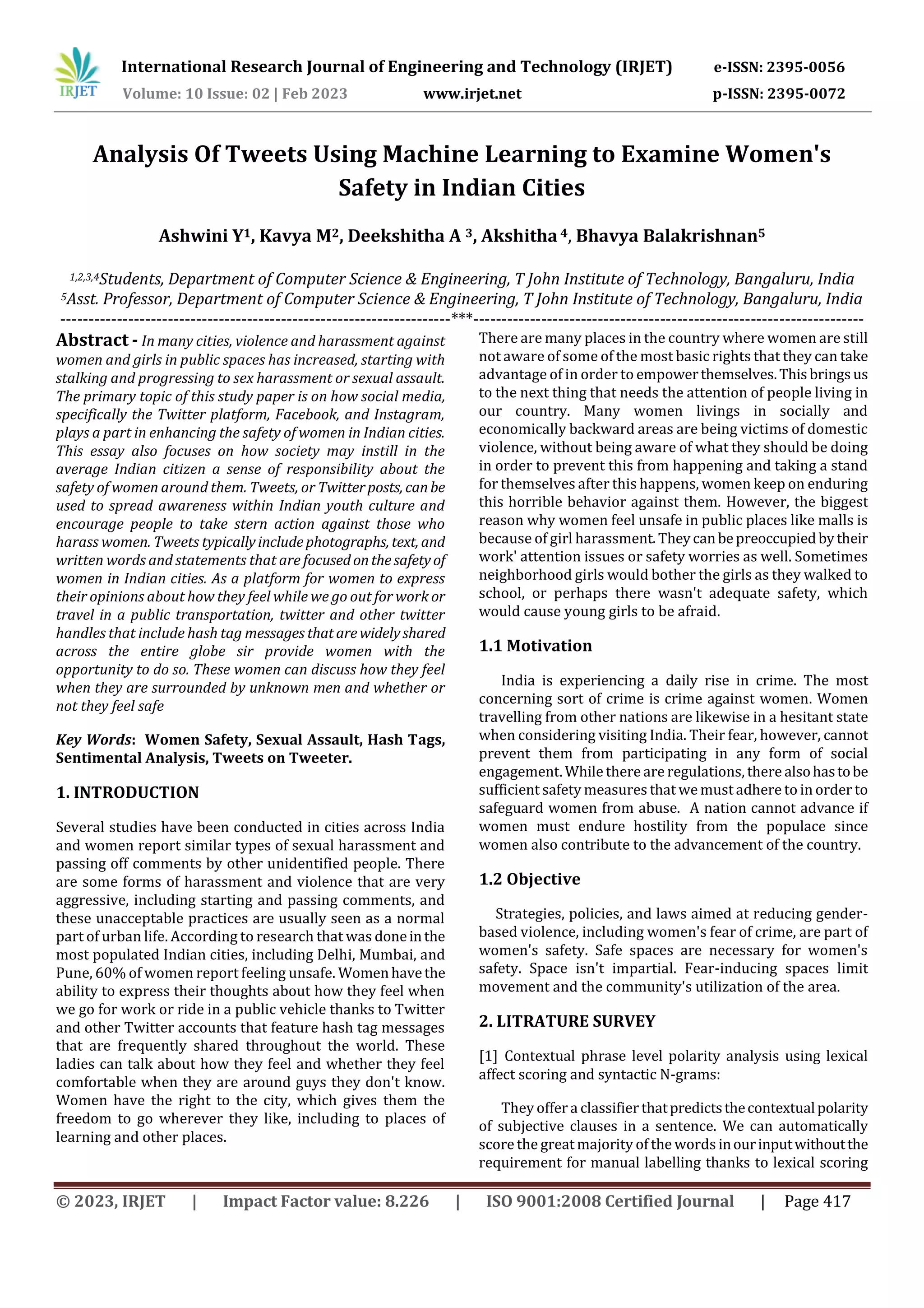 Analysis Of Tweets Using Machine Learning To Examine Womens Safety In Indian Cities Pdf