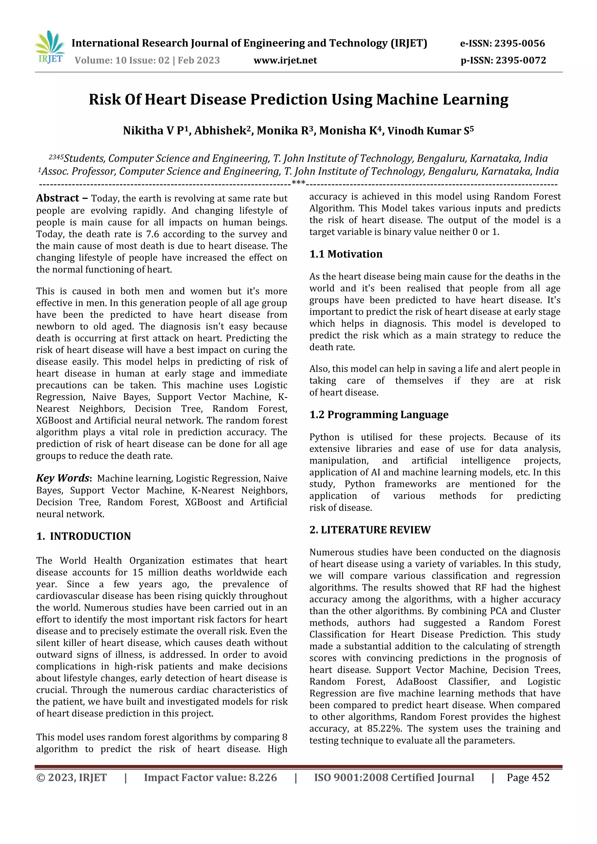 Risk Of Heart Disease Prediction Using Machine Learning | PDF
