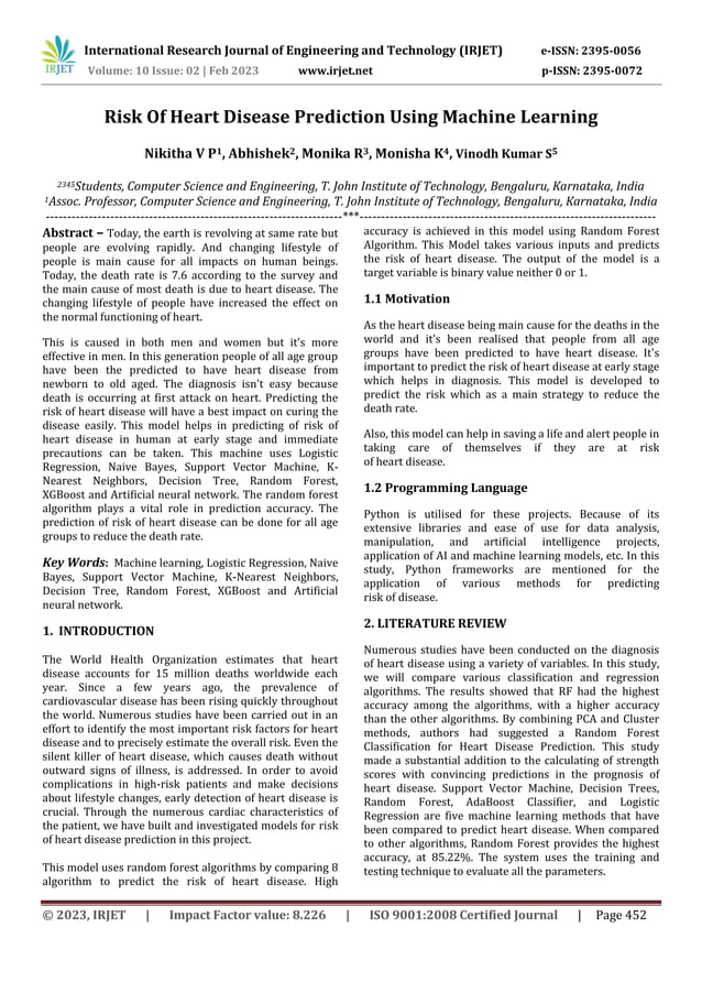 Risk Of Heart Disease Prediction Using Machine Learning | PDF