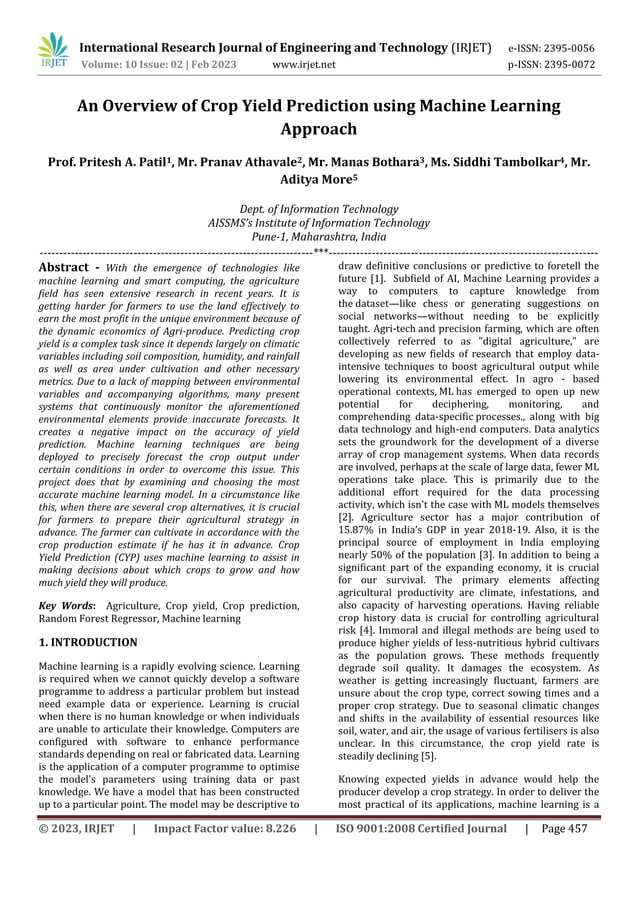 An Overview of Crop Yield Prediction using Machine Learning Approach | PDF