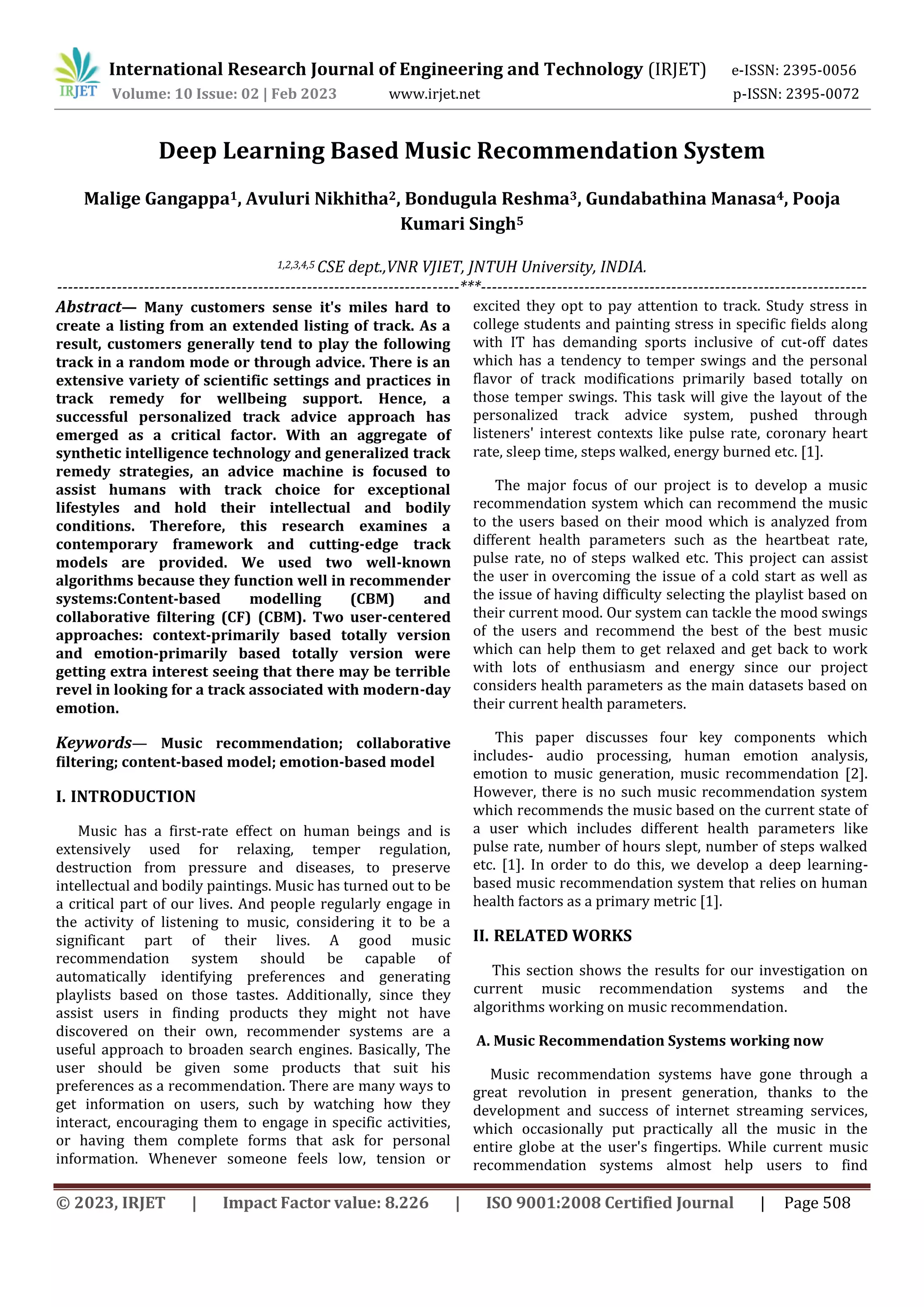 Deep Learning Based Music Recommendation System Pdf