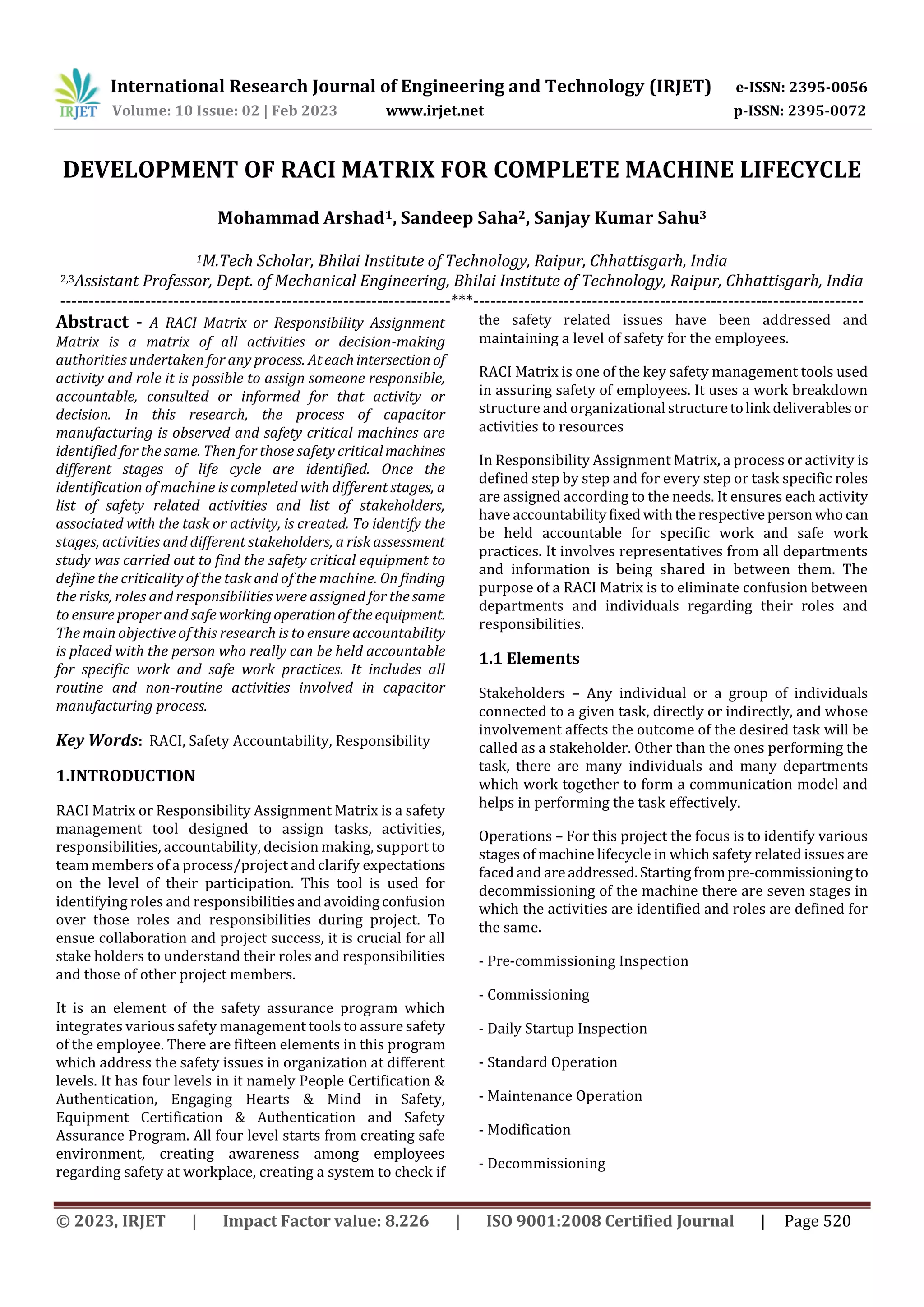 DEVELOPMENT OF RACI MATRIX FOR COMPLETE MACHINE LIFECYCLE | PDF