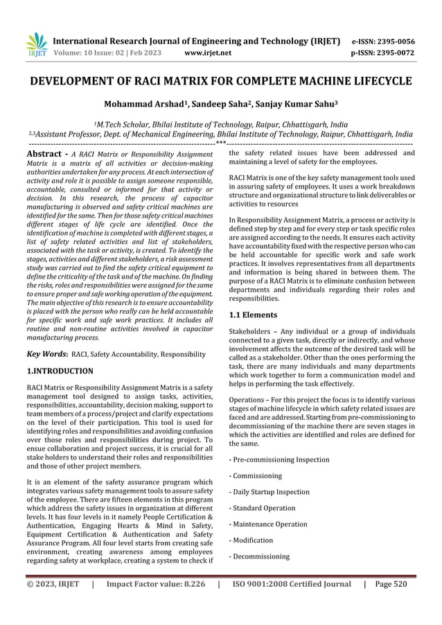 DEVELOPMENT OF RACI MATRIX FOR COMPLETE MACHINE LIFECYCLE | PDF