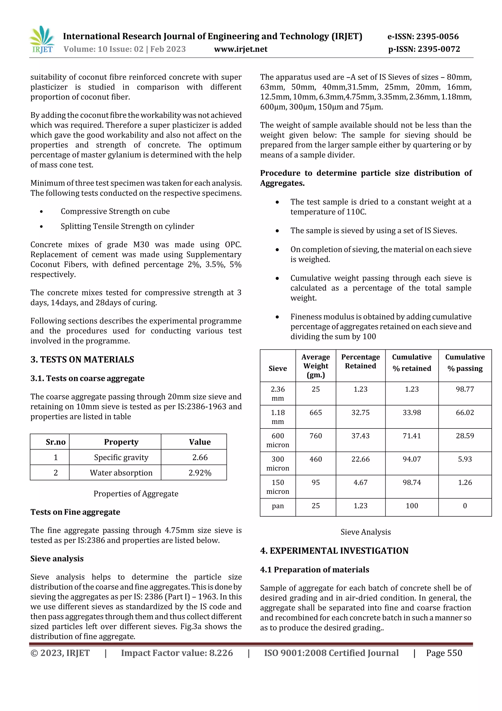 STUDY ON REINFORCED CONCRETE USING COCONUT FIBER | PDF