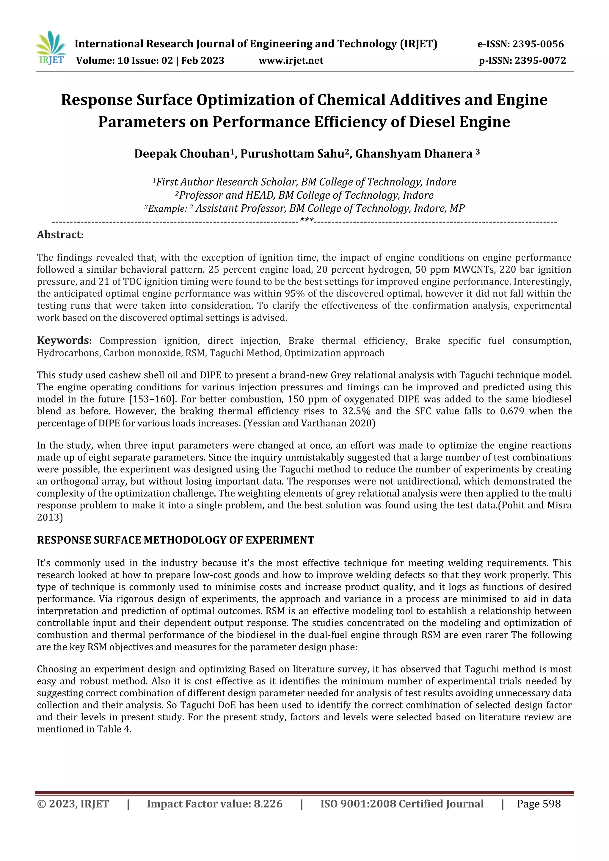 Response Surface Optimization of Chemical Additives and Engine ...