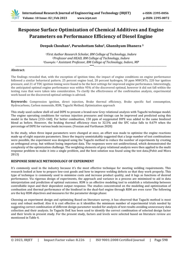 Response Surface Optimization of Chemical Additives and Engine ...
