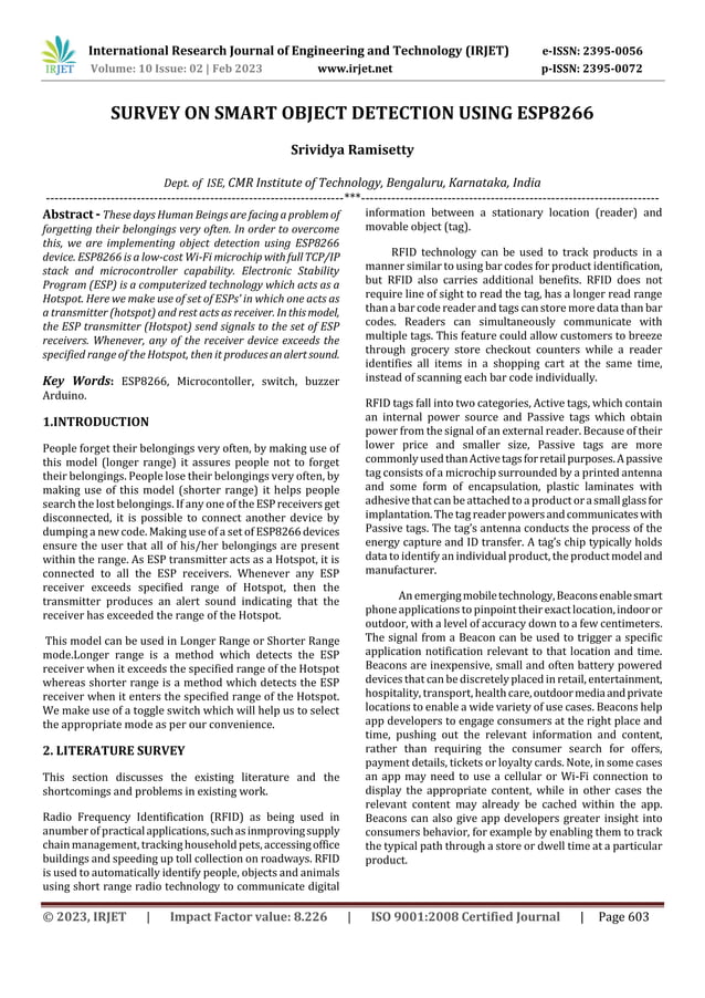 SURVEY ON SMART OBJECT DETECTION USING ESP8266 | PDF