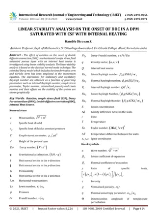 LINEAR STABILITY ANALYSIS ON THE ONSET OF DDC IN A DPM SATURATED WITH CSF WITH INTERNAL HEATING ...