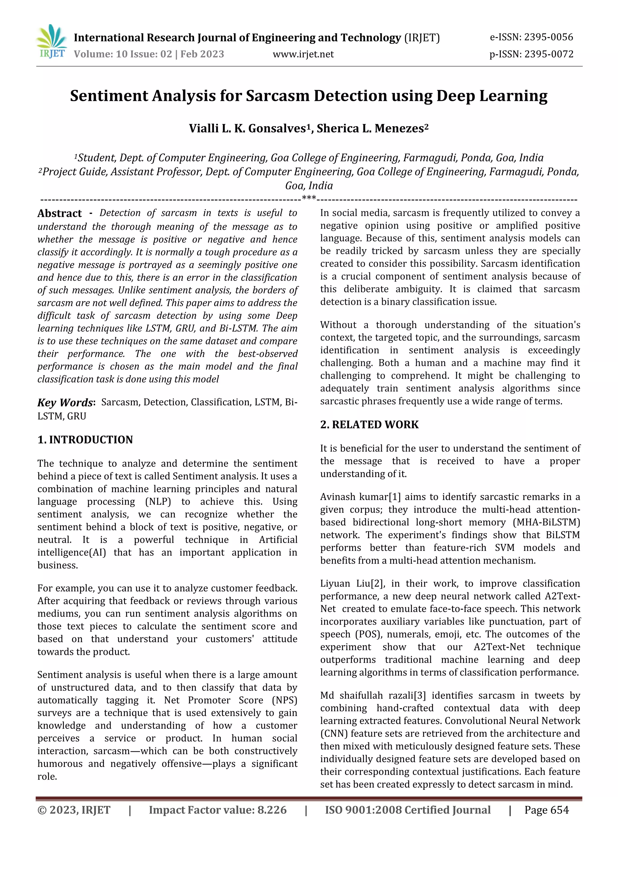 Sentiment Analysis For Sarcasm Detection Using Deep Learning Pdf