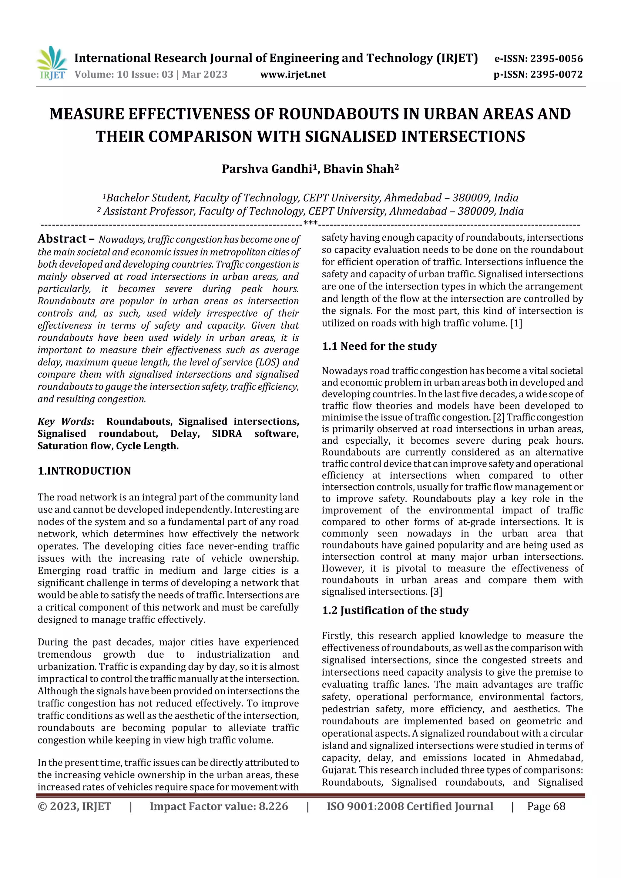 MEASURE EFFECTIVENESS OF ROUNDABOUTS IN URBAN AREAS AND THEIR ...