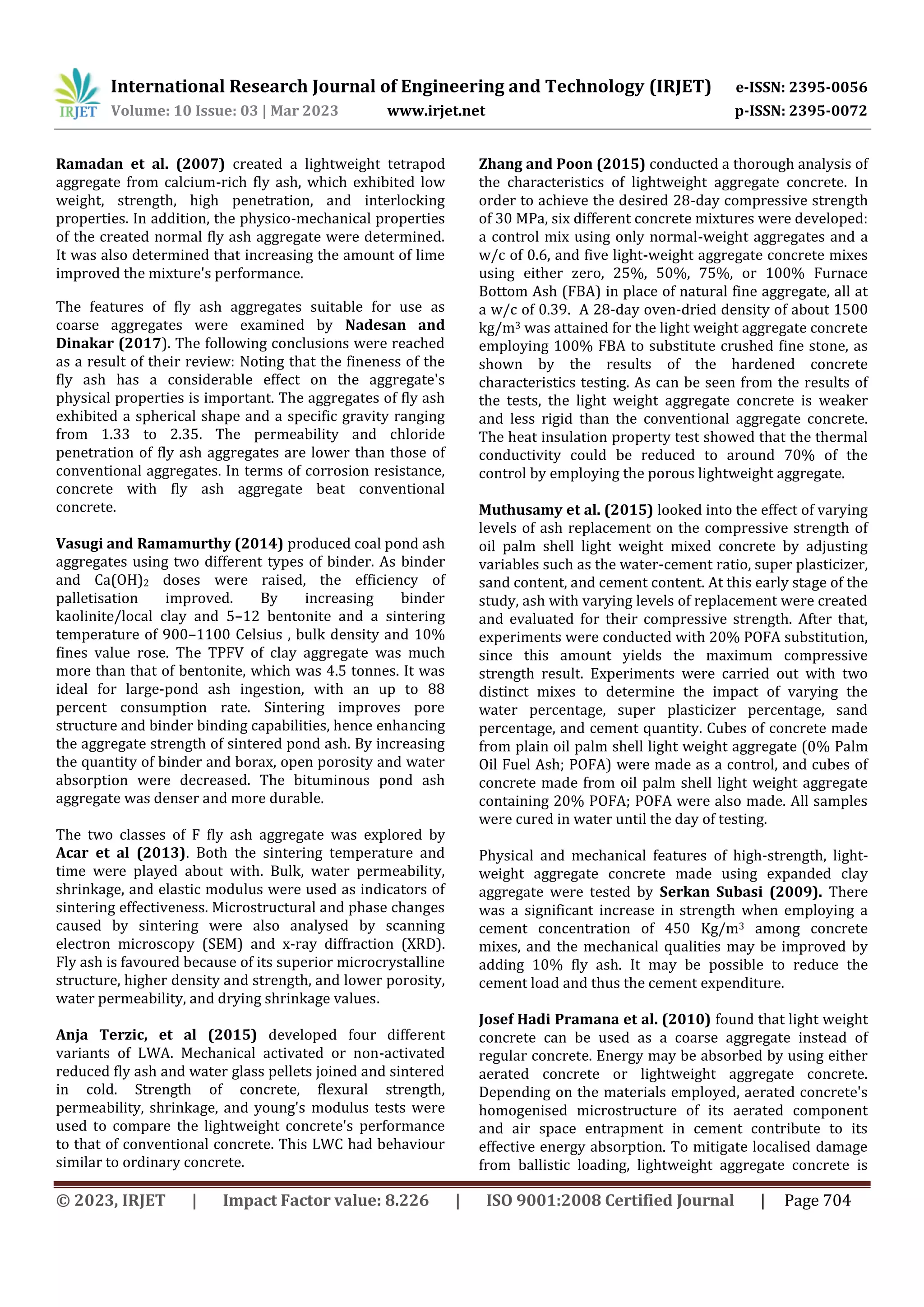 PERFORMANCE OF LIGHT WEIGHT AGGREGATE CONCRETE- A REVIEW | PDF