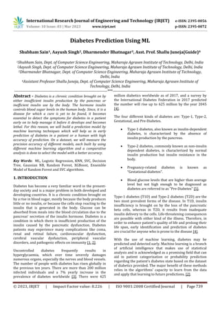 Diabetes Prediction Using ML | PDF