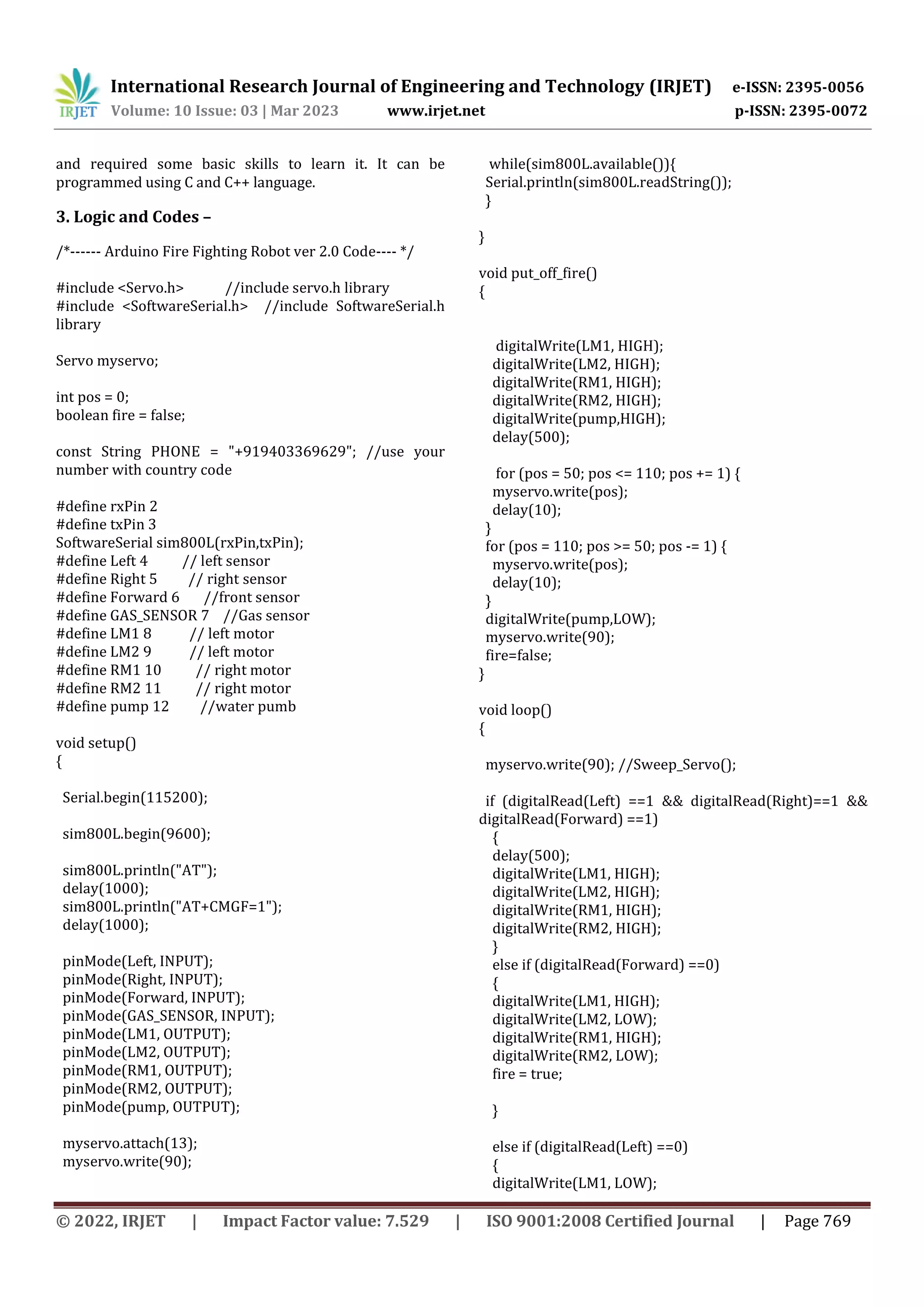 IoT based Fire Intimation and Fire Extinguisher Robot with Call & Messages Alert through GSM Sim ...