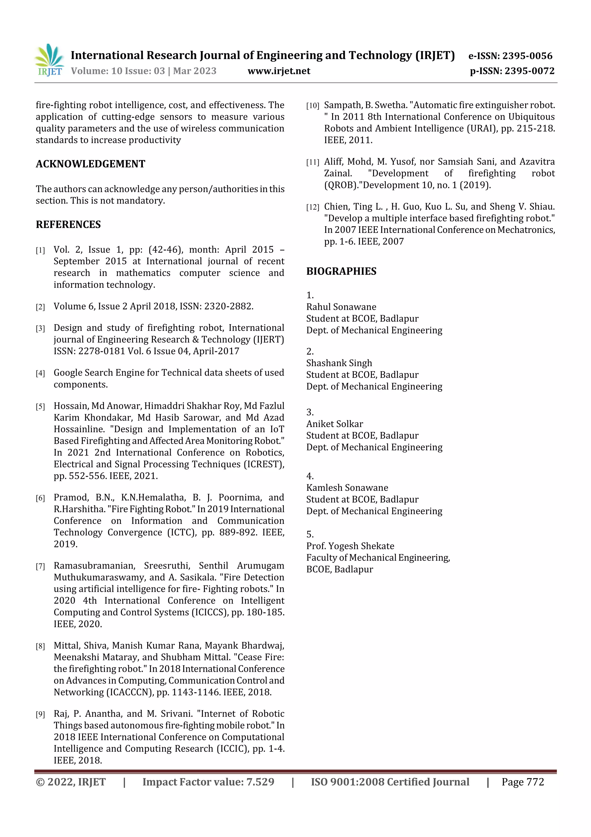 IoT based Fire Intimation and Fire Extinguisher Robot with Call ...