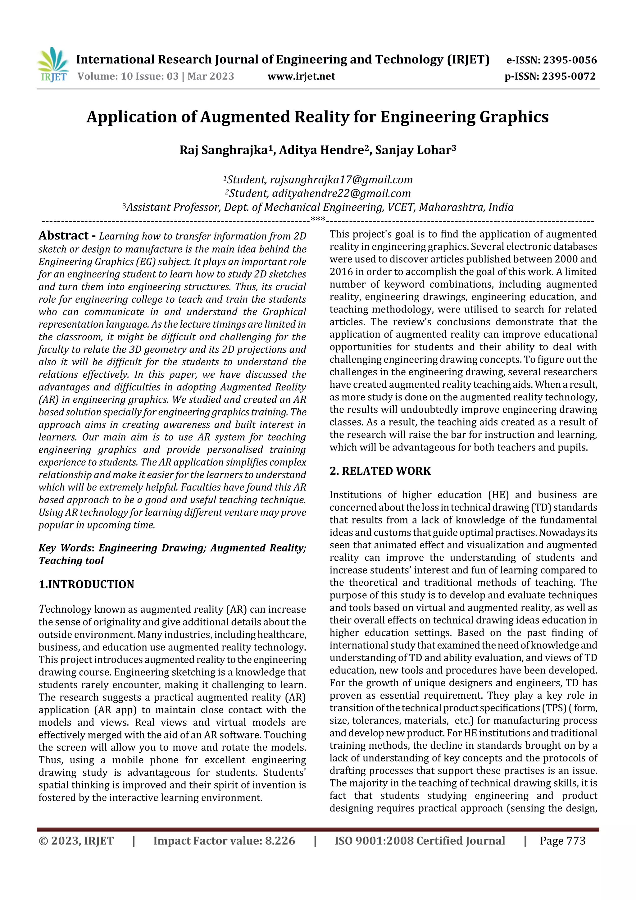 Application of Augmented Reality for Engineering Graphics | PDF