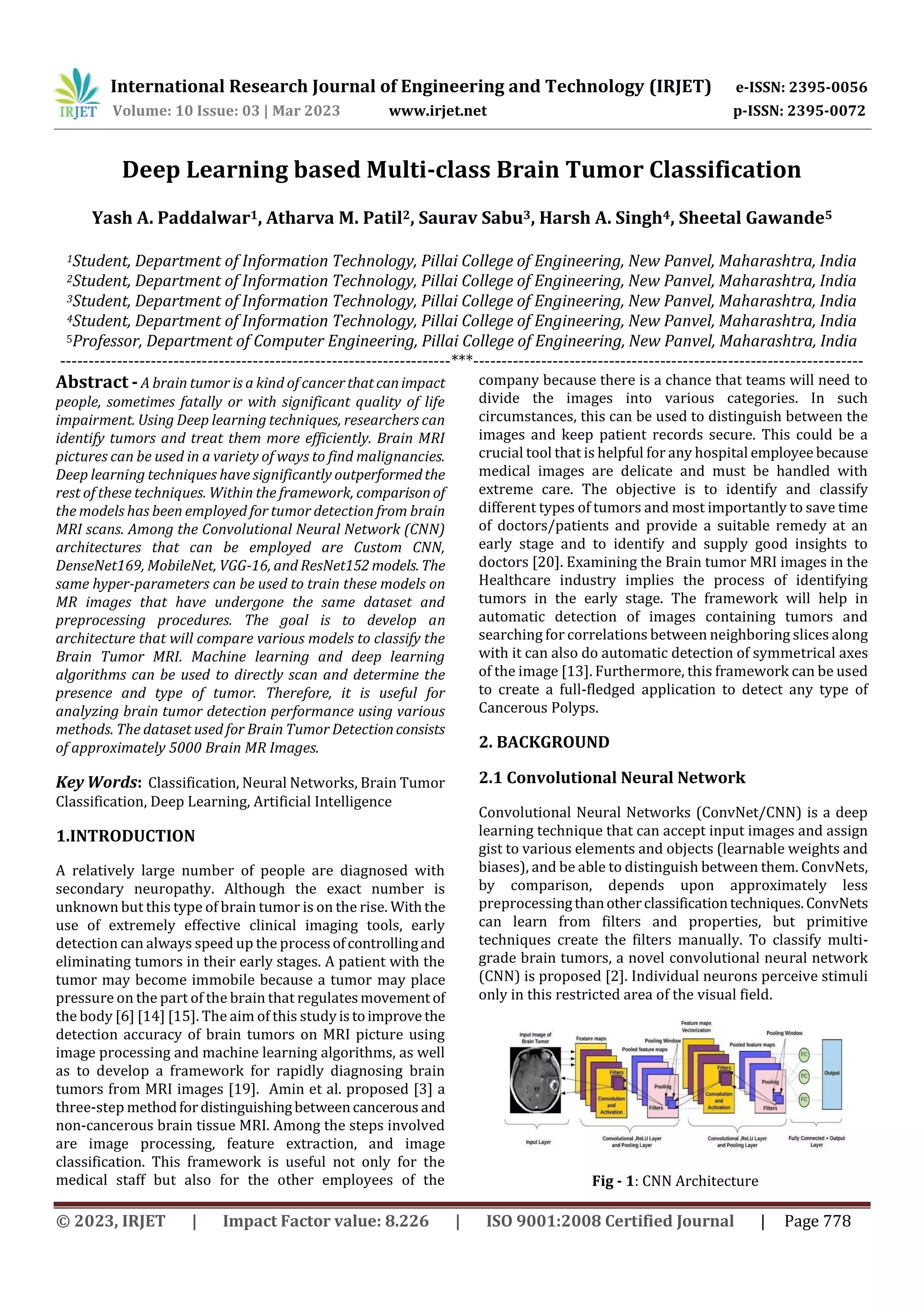 Deep Learning based Multi-class Brain Tumor Classification | PDF