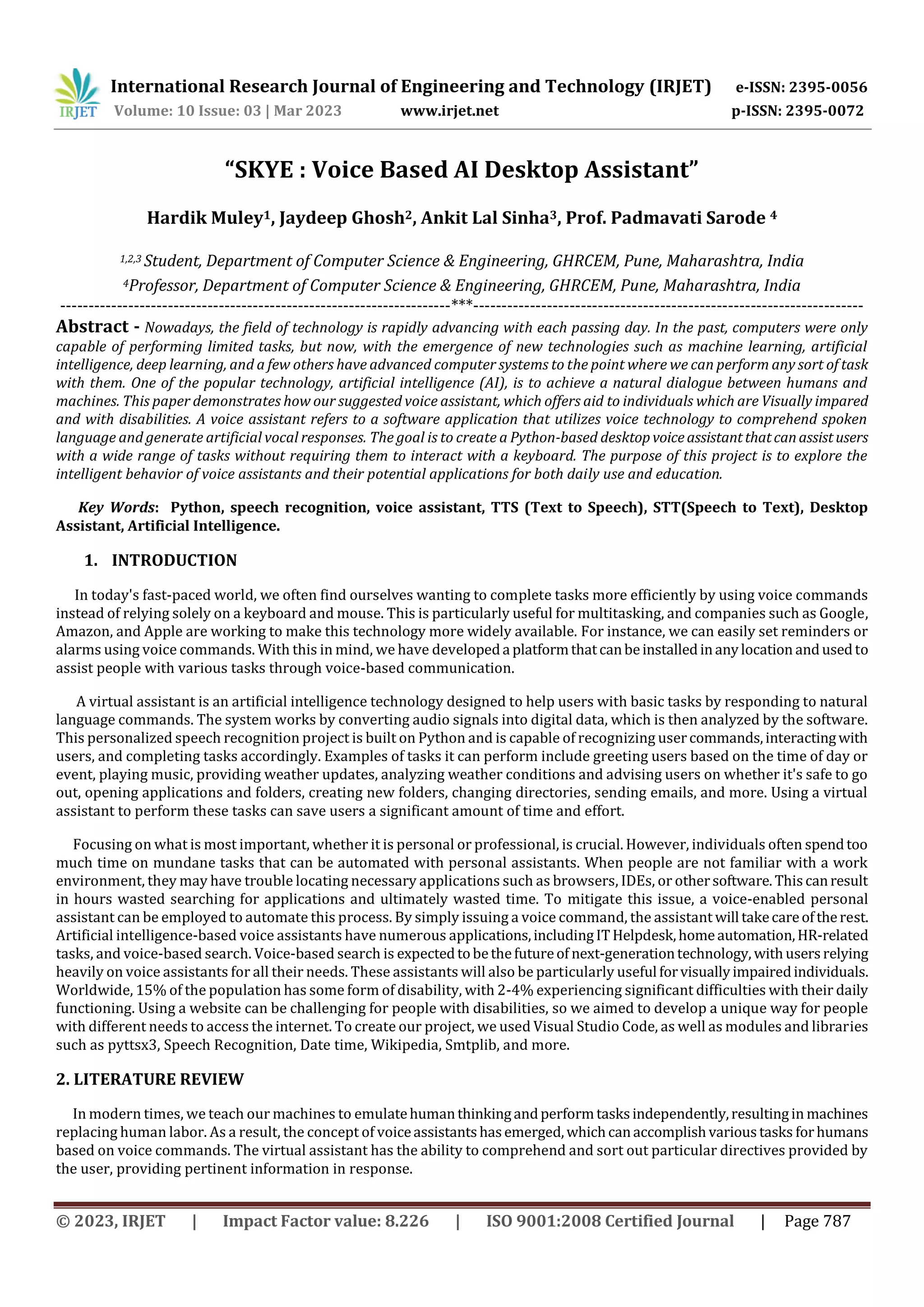 “SKYE : Voice Based AI Desktop Assistant” | PDF