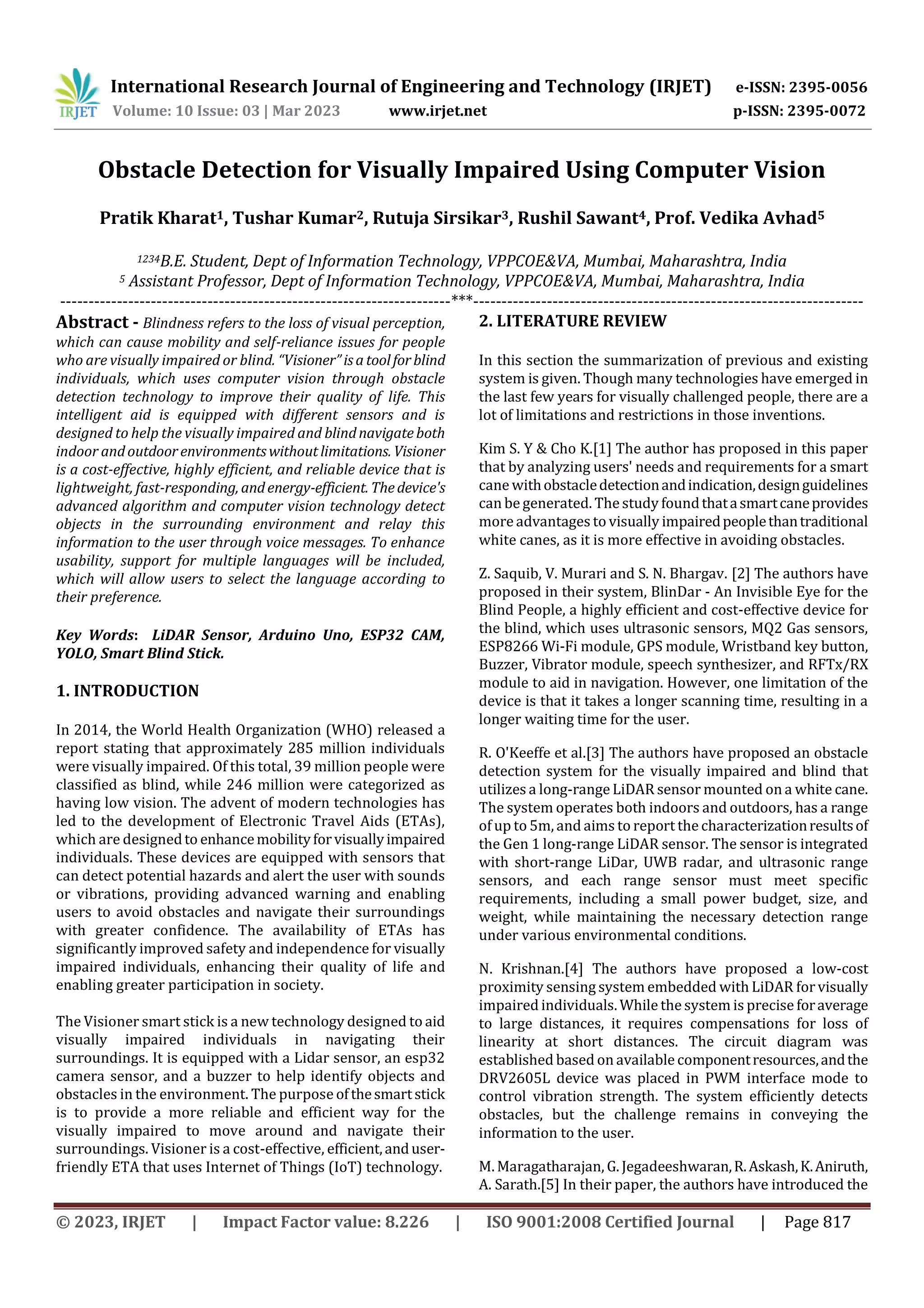 Obstacle Detection for Visually Impaired Using Computer Vision | PDF