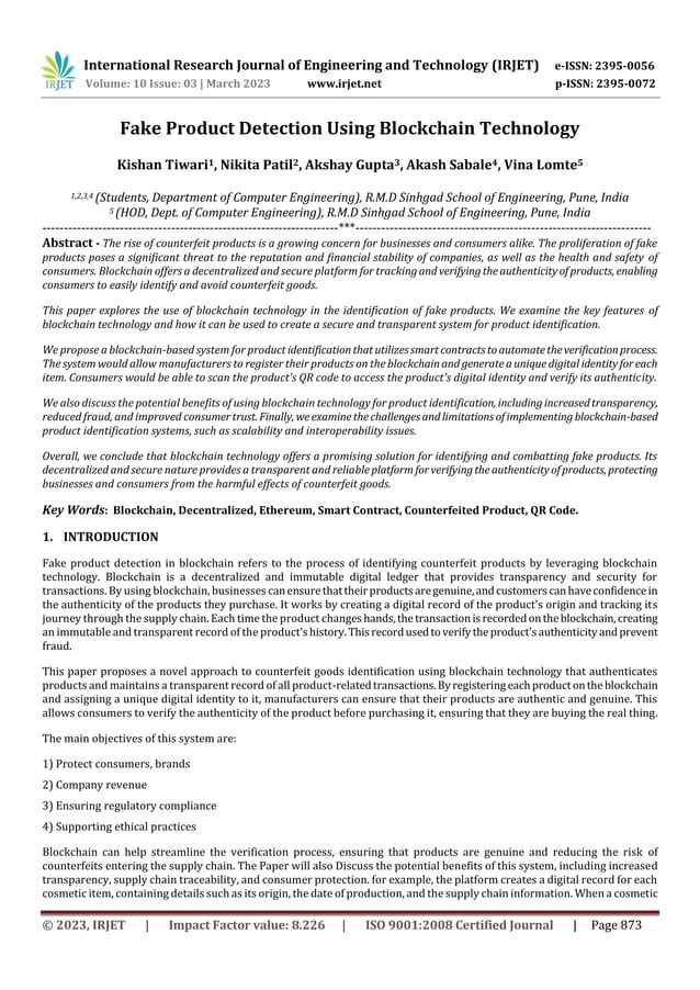 Fake Product Detection Using Blockchain Technology Pdf