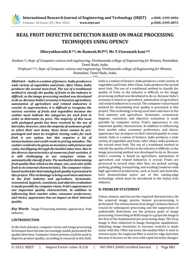REAL FRUIT DEFECTIVE DETECTION BASED ON IMAGE PROCESSING TECHNIQUES USING OPENCV | PDF