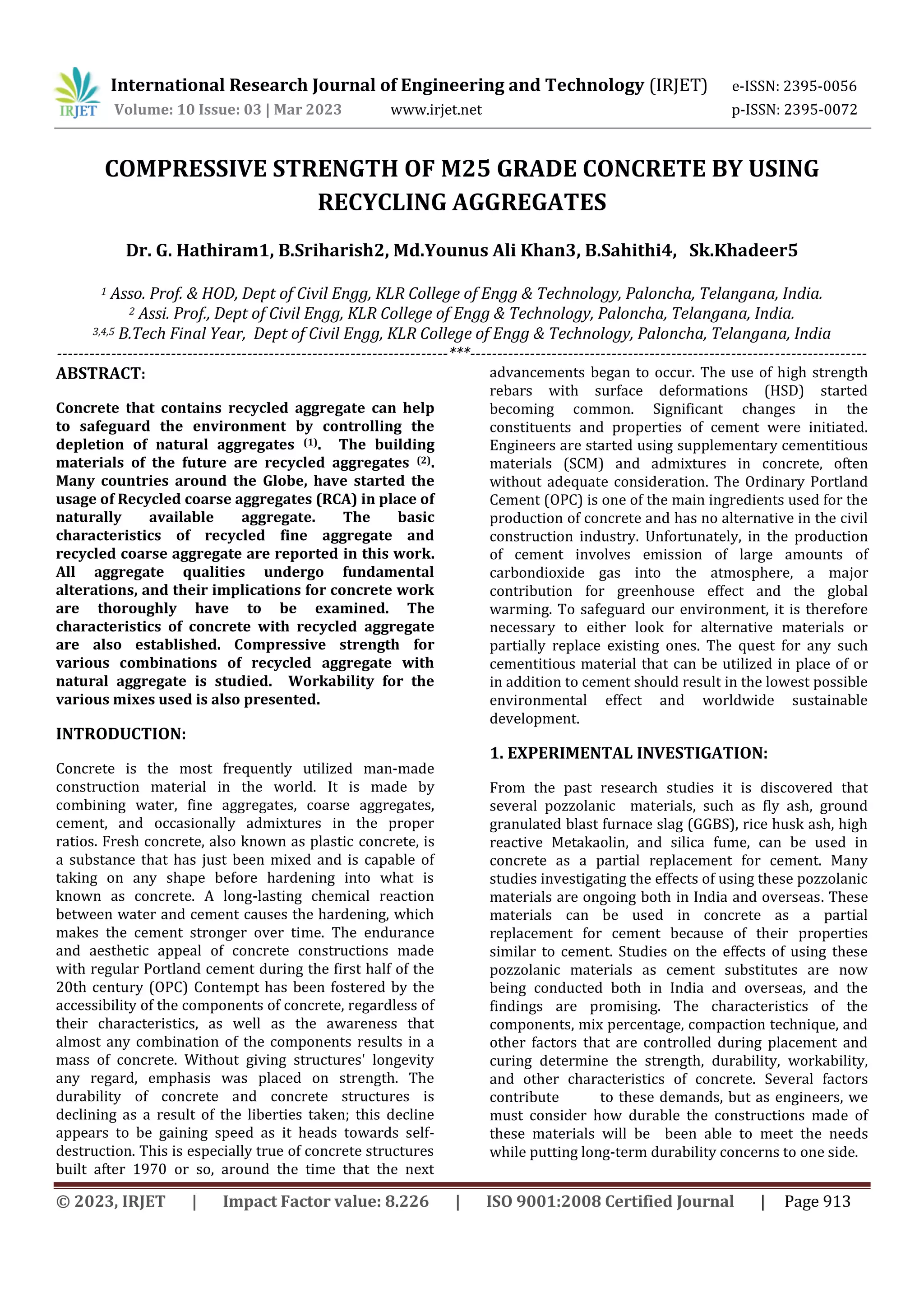 COMPRESSIVE STRENGTH OF M25 GRADE CONCRETE BY USING RECYCLING ...