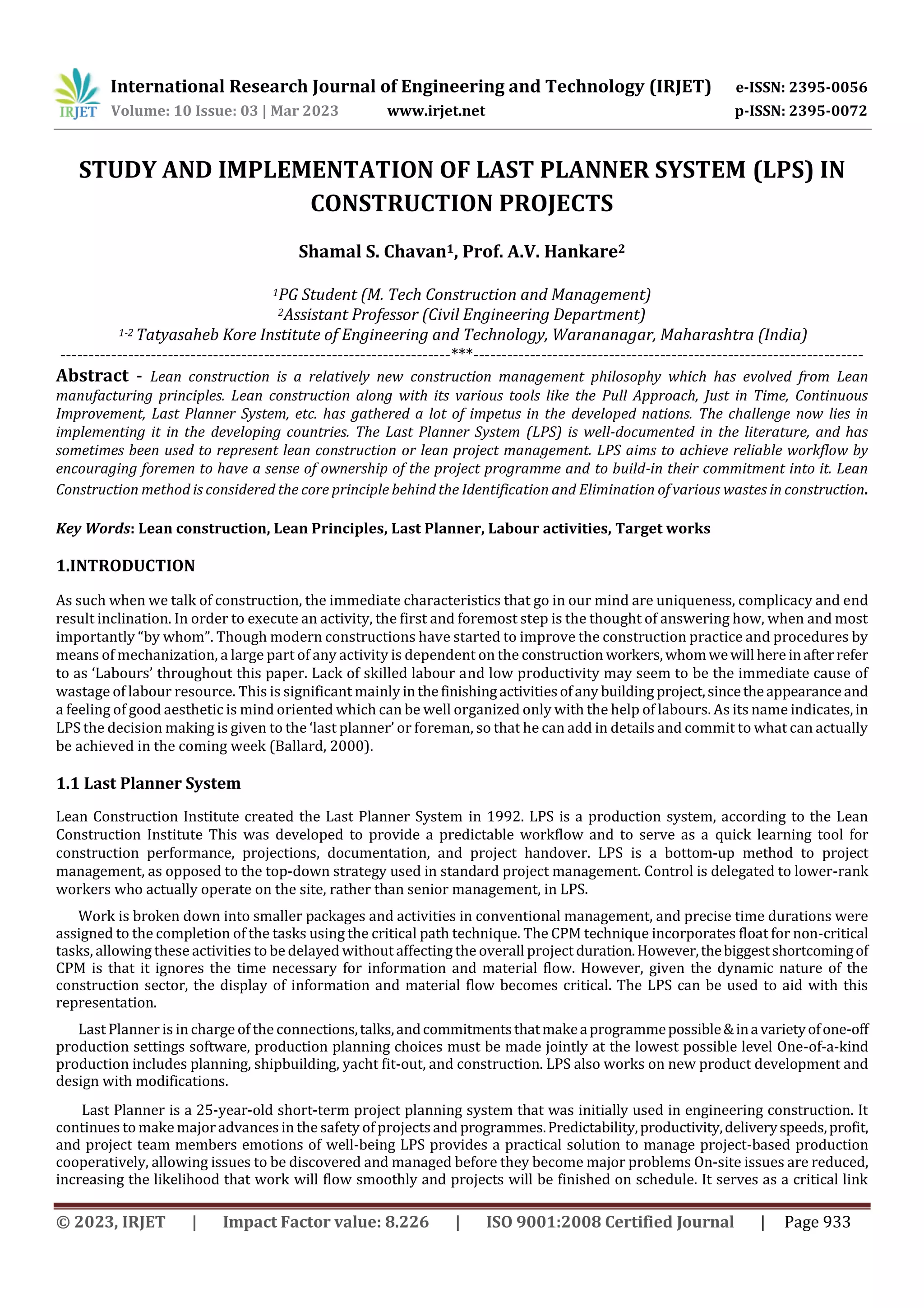 STUDY AND IMPLEMENTATION OF LAST PLANNER SYSTEM (LPS) IN CONSTRUCTION PROJECTS | PDF ...