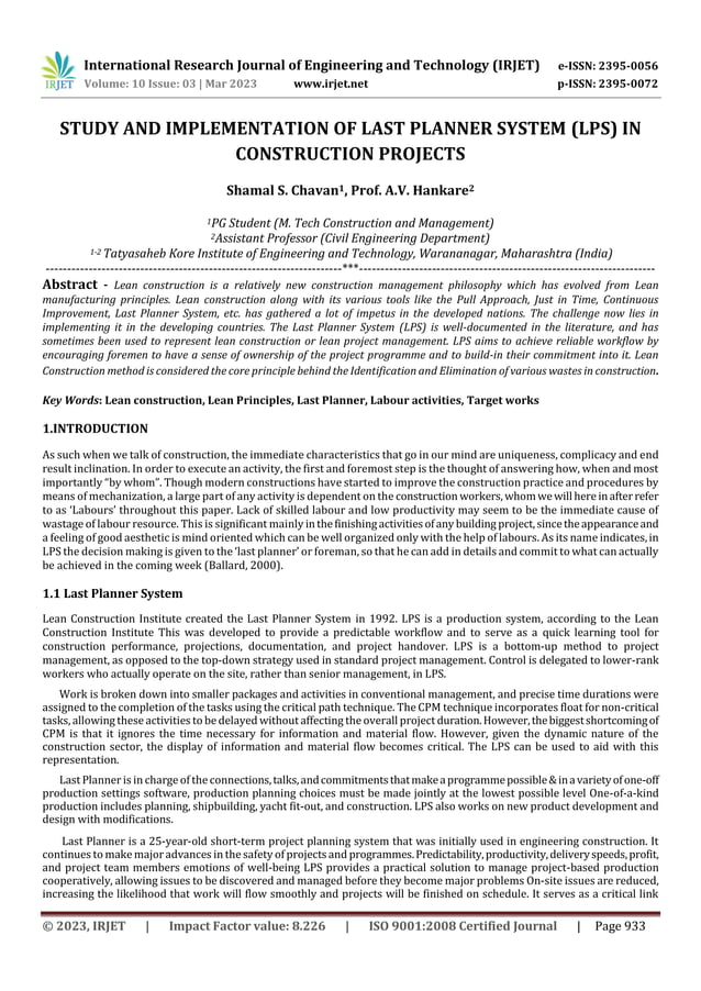 STUDY AND IMPLEMENTATION OF LAST PLANNER SYSTEM (LPS) IN CONSTRUCTION PROJECTS | PDF ...