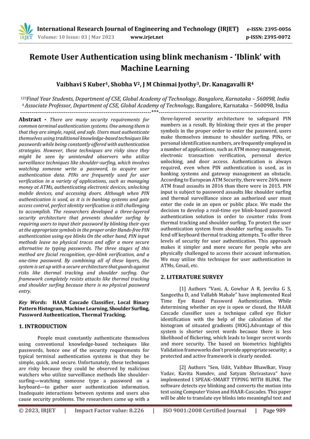 Remote User Authentication using blink mechanism - ‘Iblink’ with Machine Learning | PDF