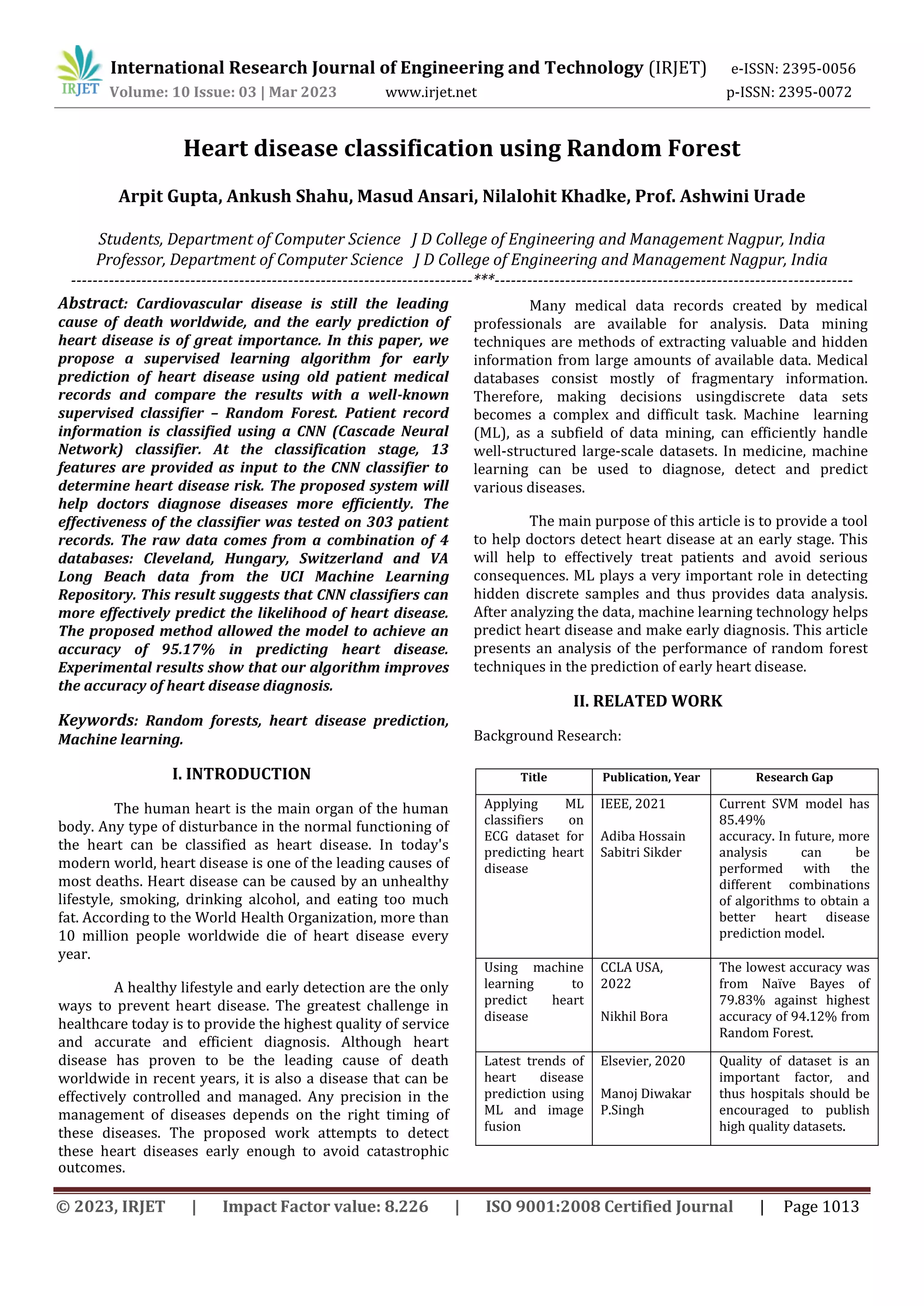 Heart disease classification using Random Forest | PDF | Heart and Cardiovascular Diseases ...