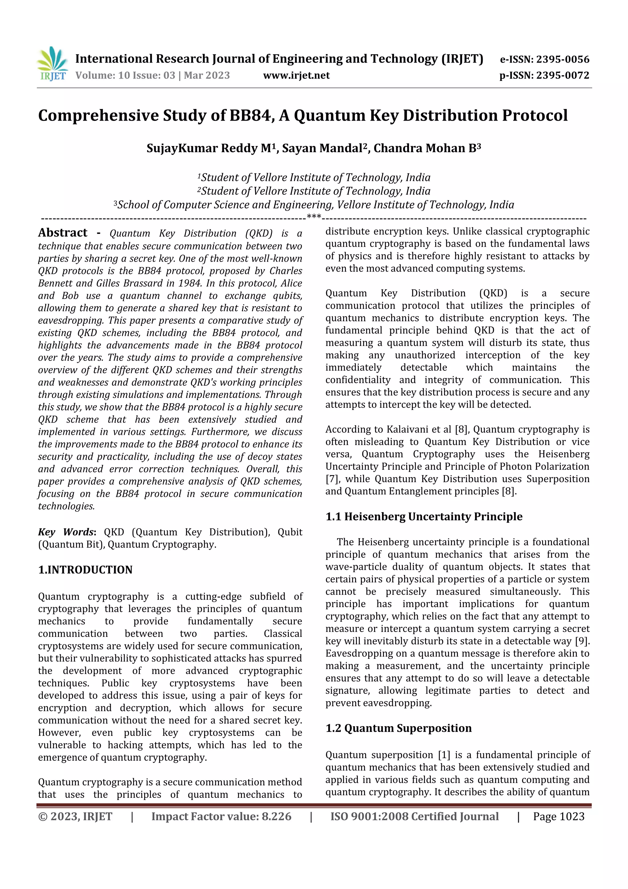 Comprehensive Study of BB84, A Quantum Key Distribution Protocol | PDF | Physics | Science