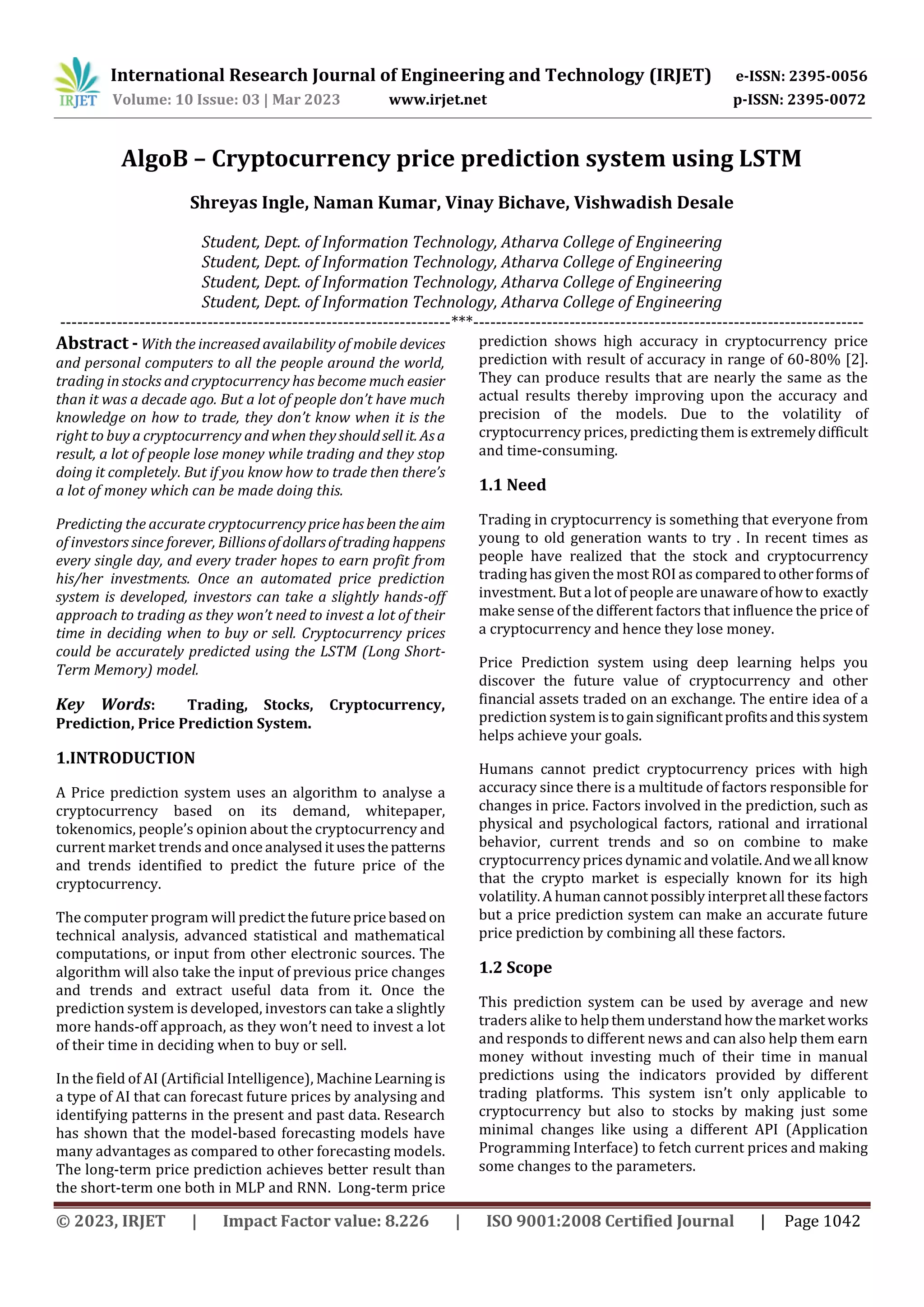 Algob Cryptocurrency Price Prediction System Using Lstm Pdf