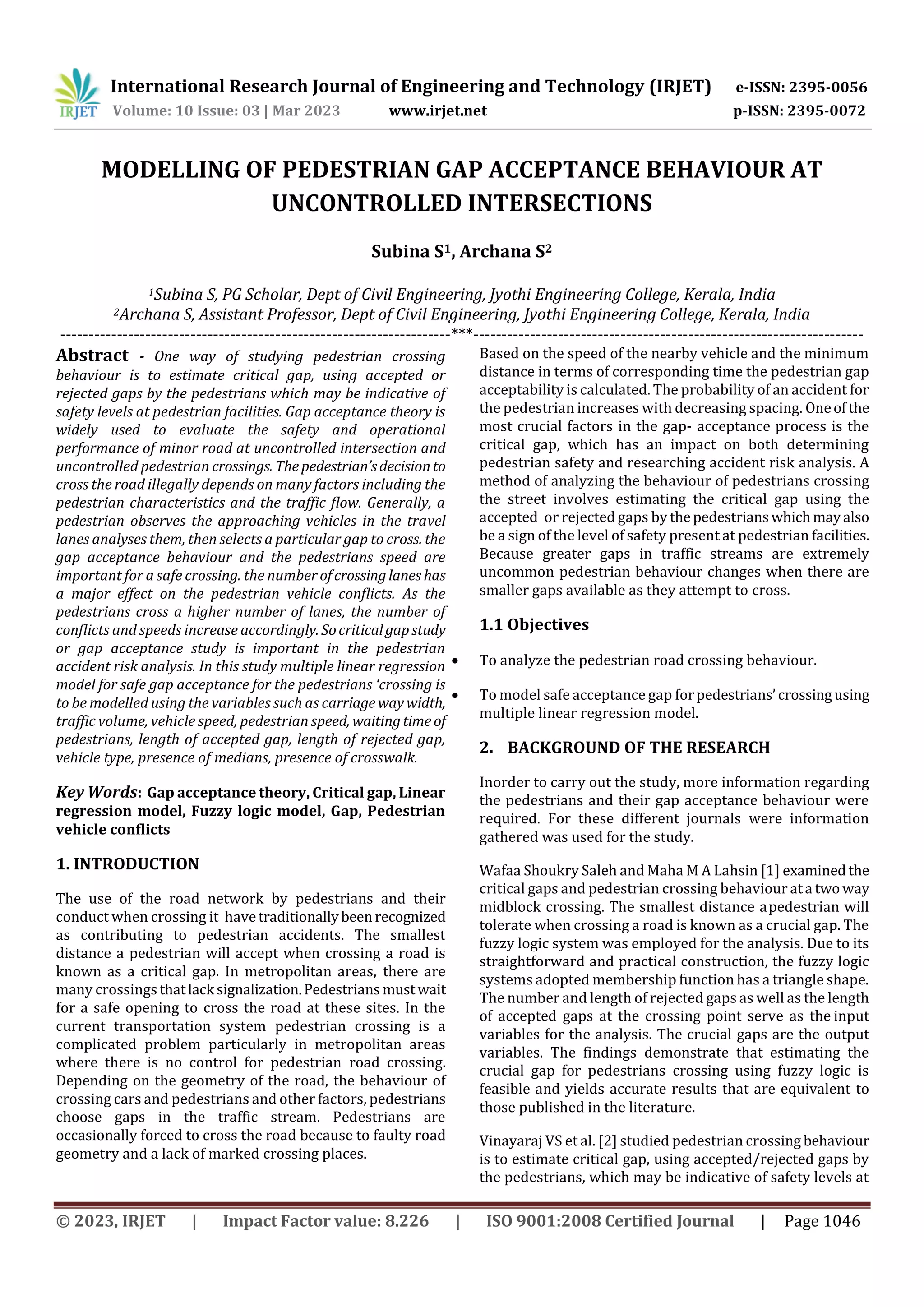 MODELLING OF PEDESTRIAN GAP ACCEPTANCE BEHAVIOUR AT UNCONTROLLED INTERSECTIONS | PDF