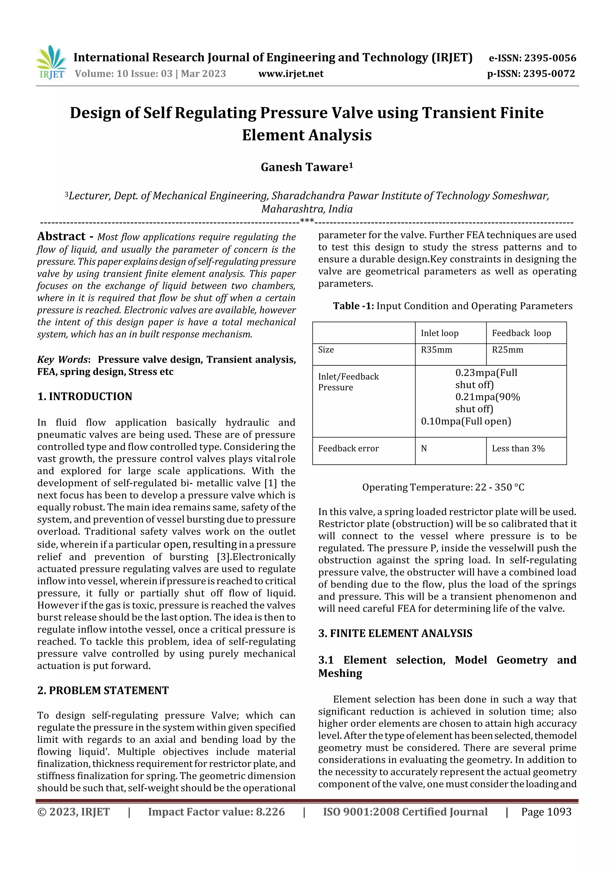 Design of Self Regulating Pressure Valve using Transient Finite Element Analysis | PDF | Physics ...
