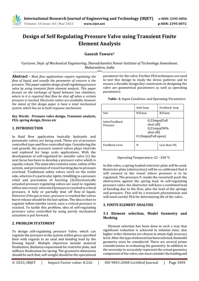 Design of Self Regulating Pressure Valve using Transient Finite Element Analysis | PDF