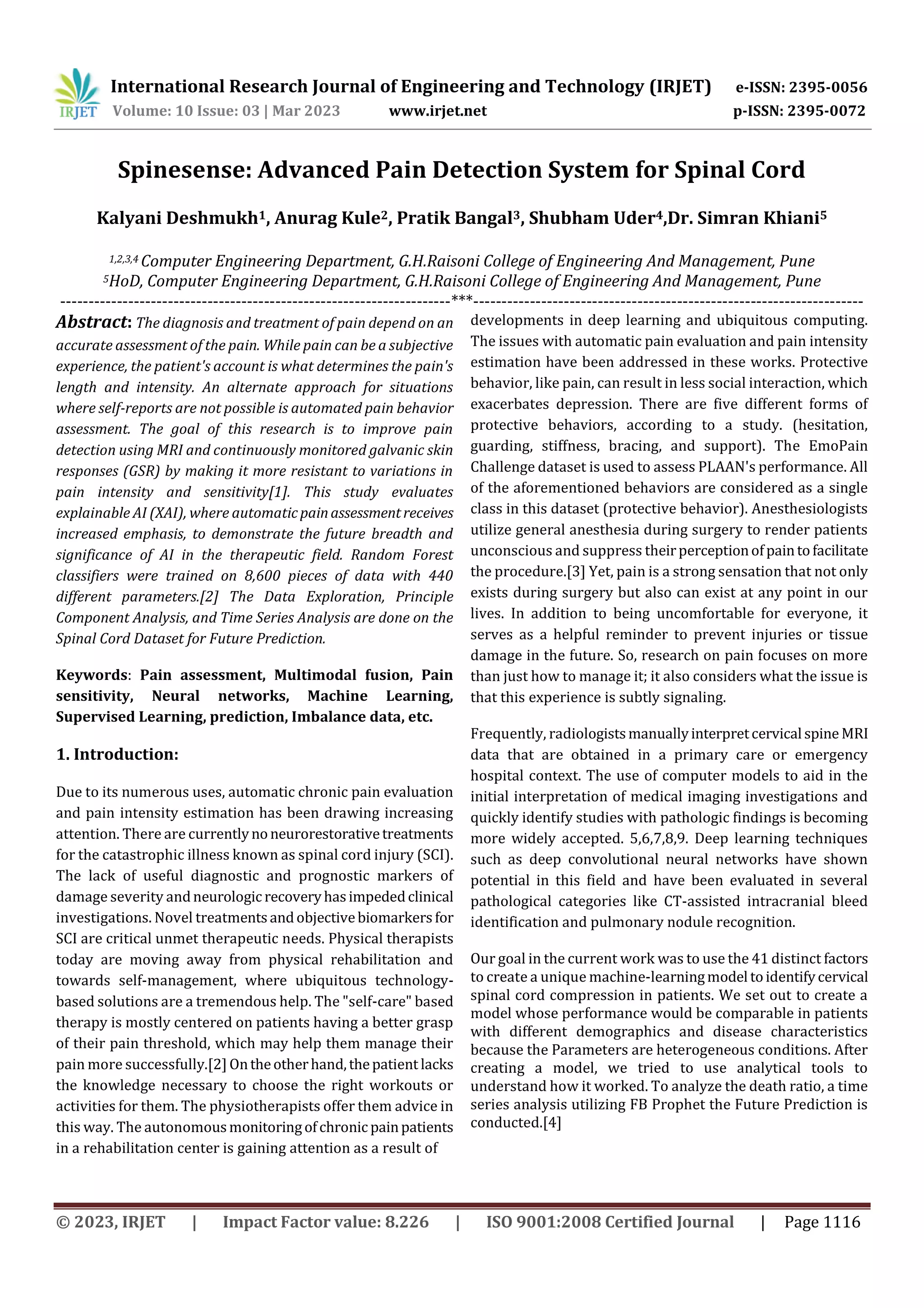 Spinesense: Advanced Pain Detection System for Spinal Cord | PDF