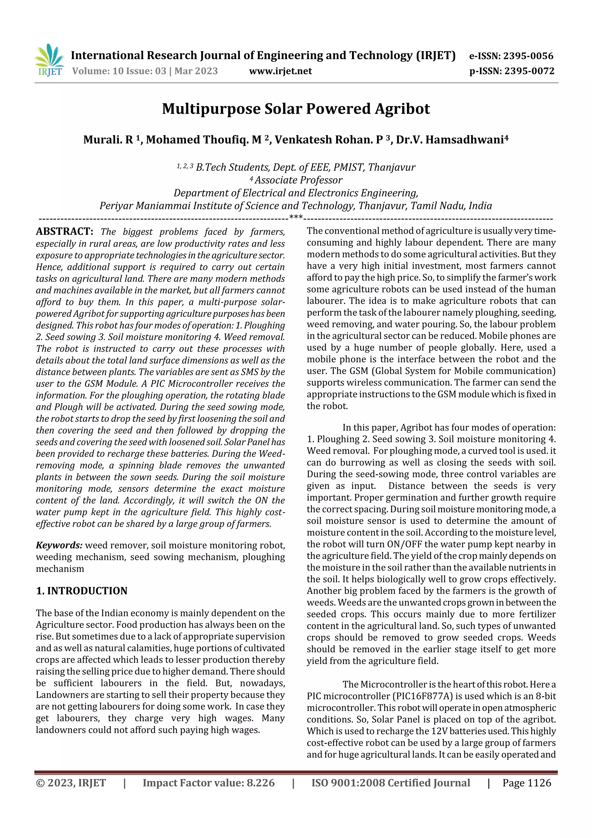 Multipurpose Solar Powered Agribot | PDF