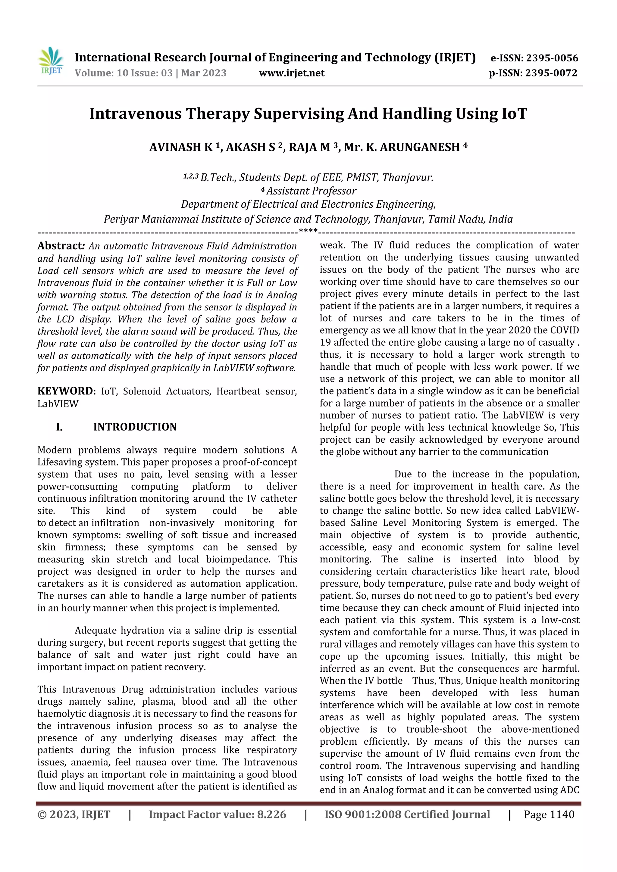 Intravenous Therapy Supervising And Handling Using IoT | PDF