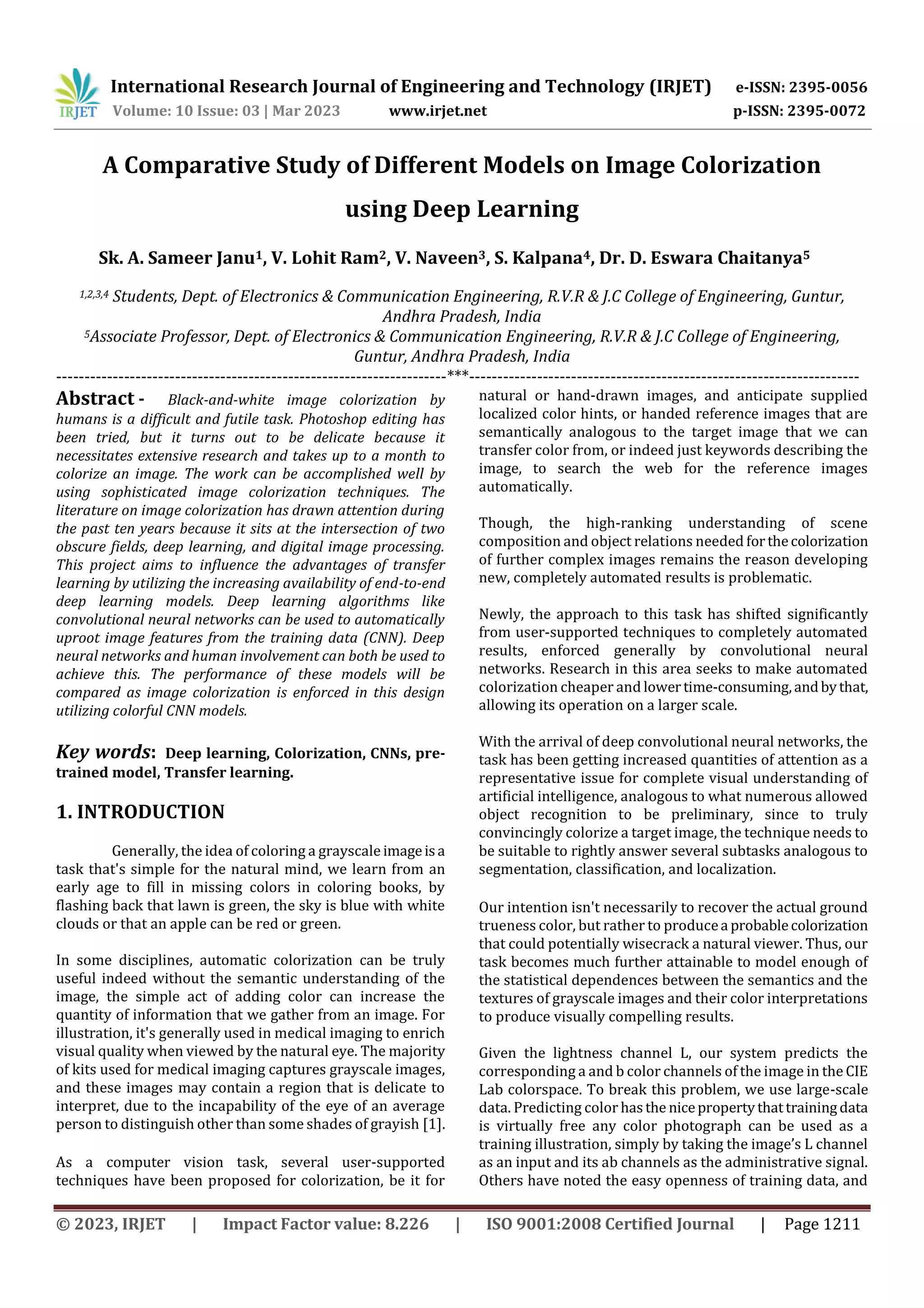 A Comparative Study of Different Models on Image Colorization using Deep Learning | PDF